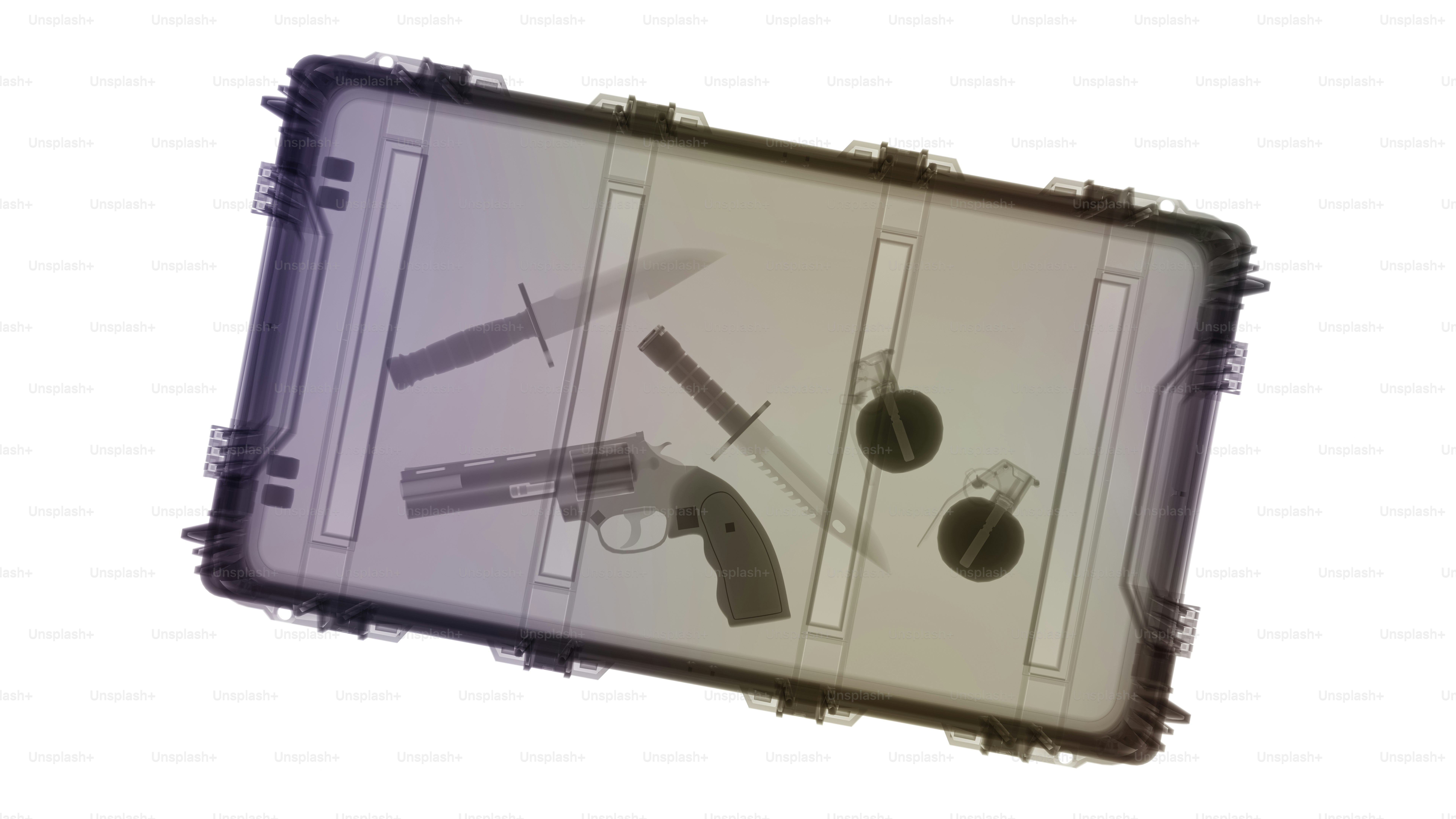 X-ray of a case with gun, knives, and grenades photo – 3d render Image ...