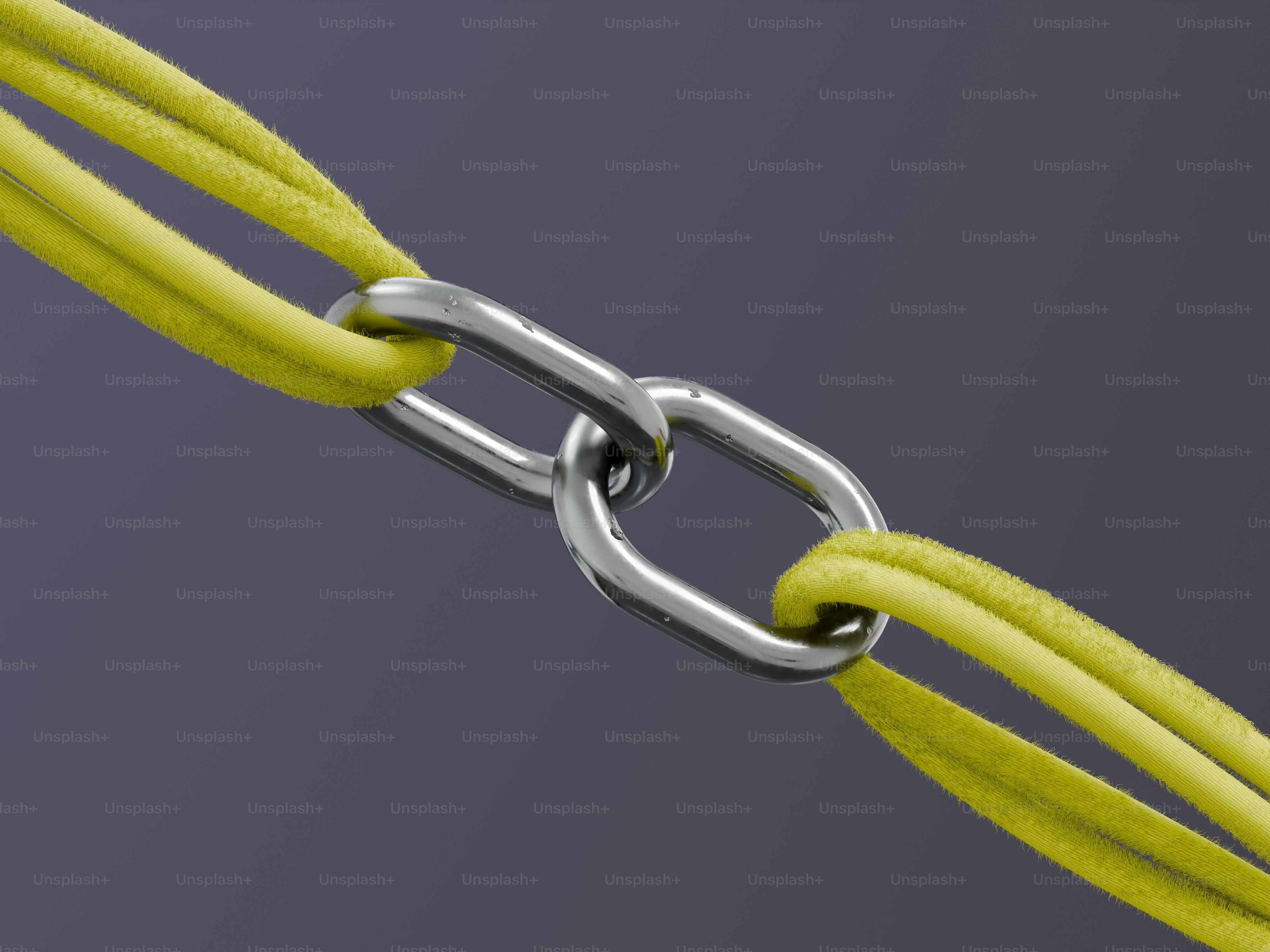 Metal chain link connecting two yellow ropes photo – 3d render Image on ...