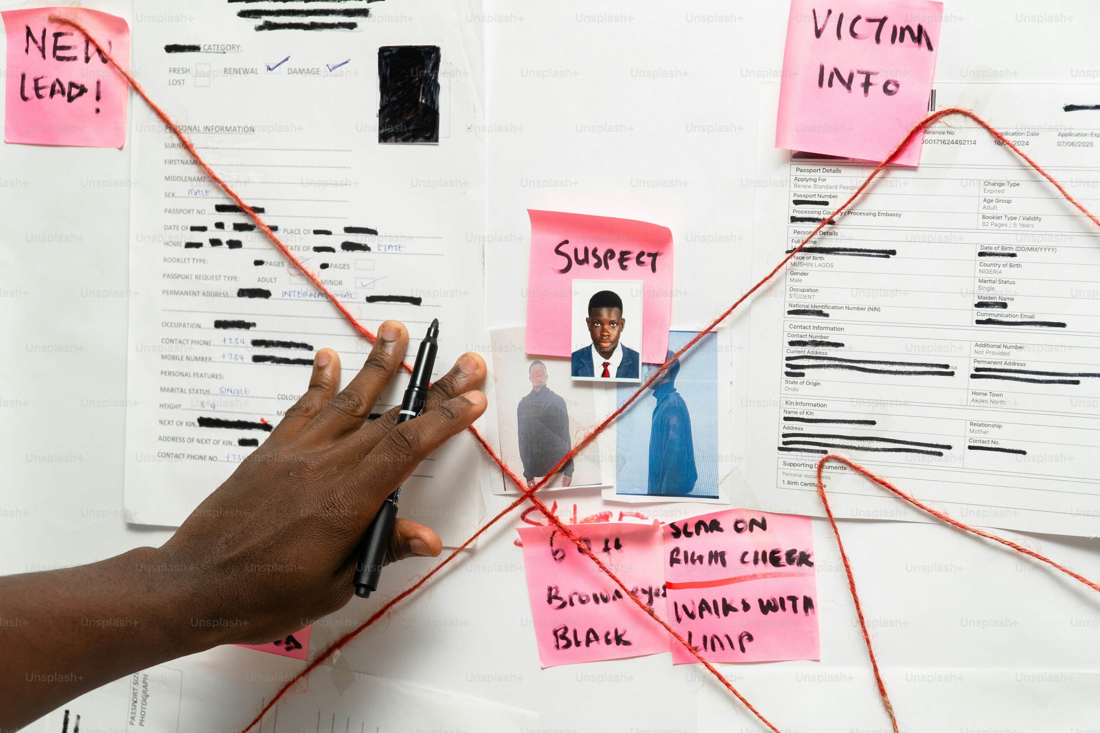 Hand points to investigation board with suspect photo. photo – Research ...