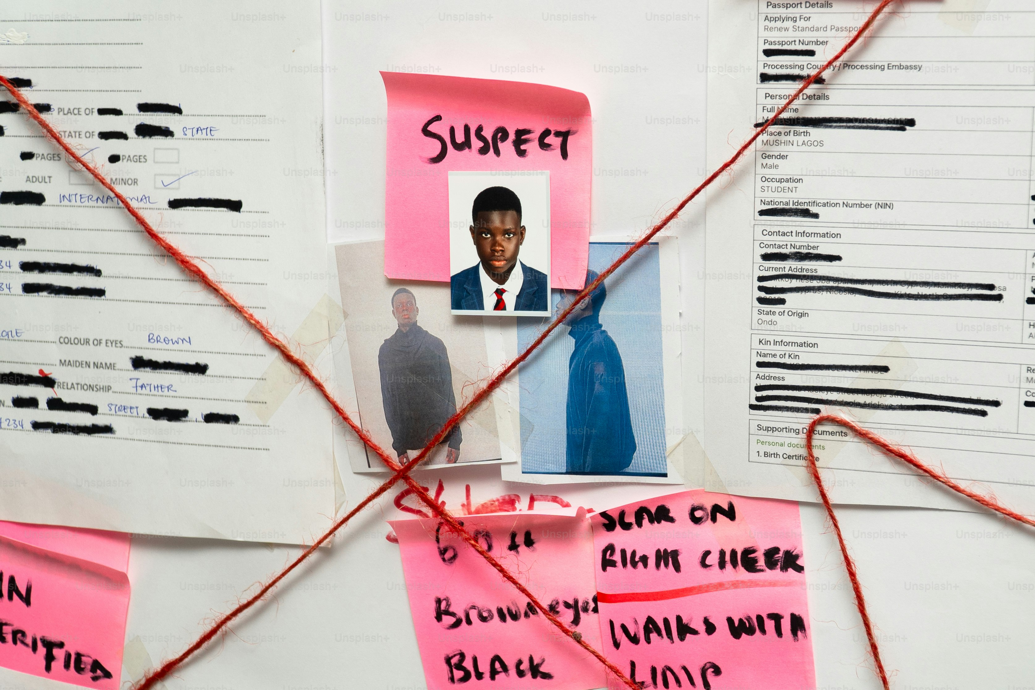 Crime investigation board with suspect photos and notes. photo ...
