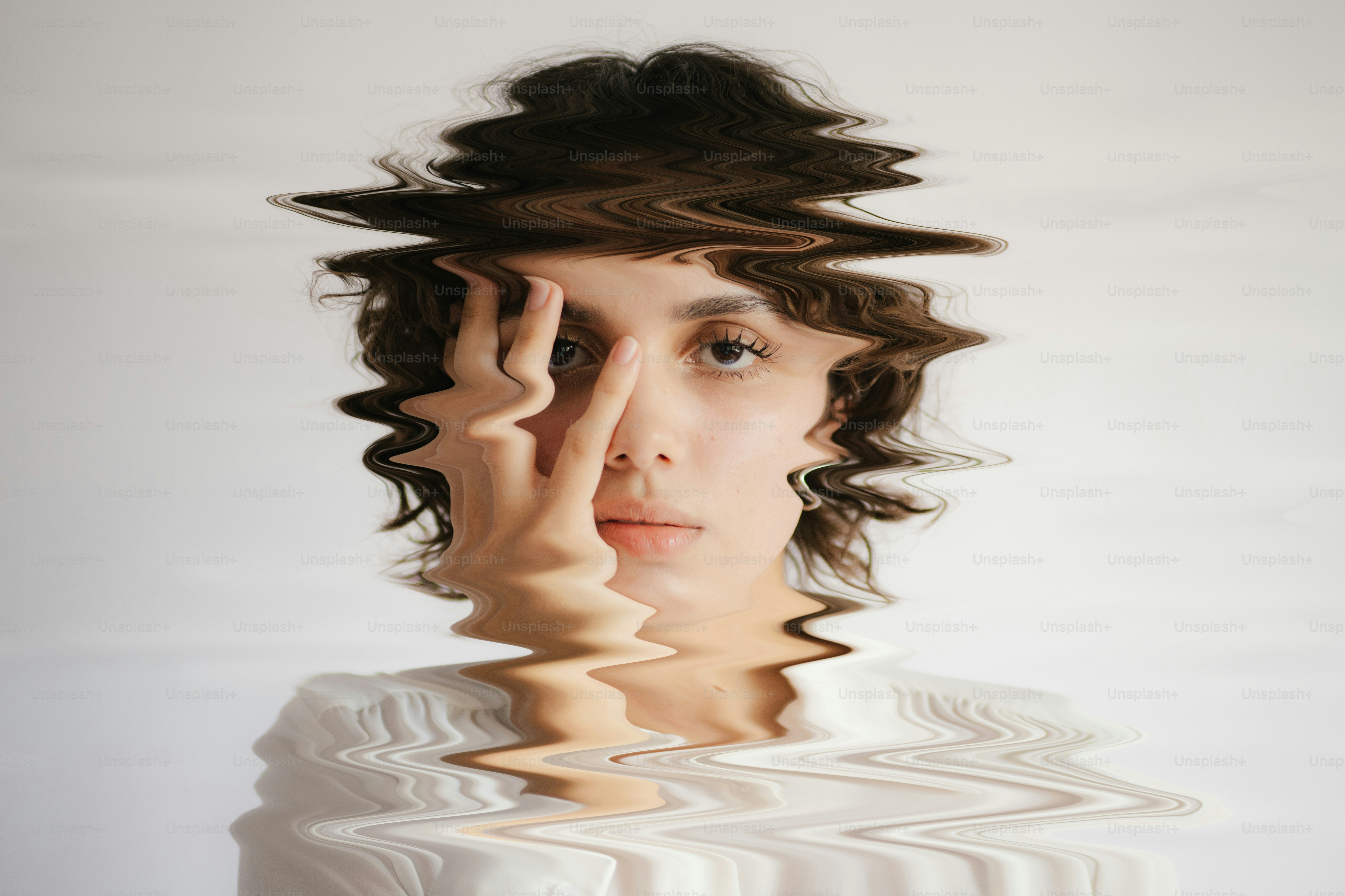Distorted portrait of a woman with hand over eye photo – Experimental ...