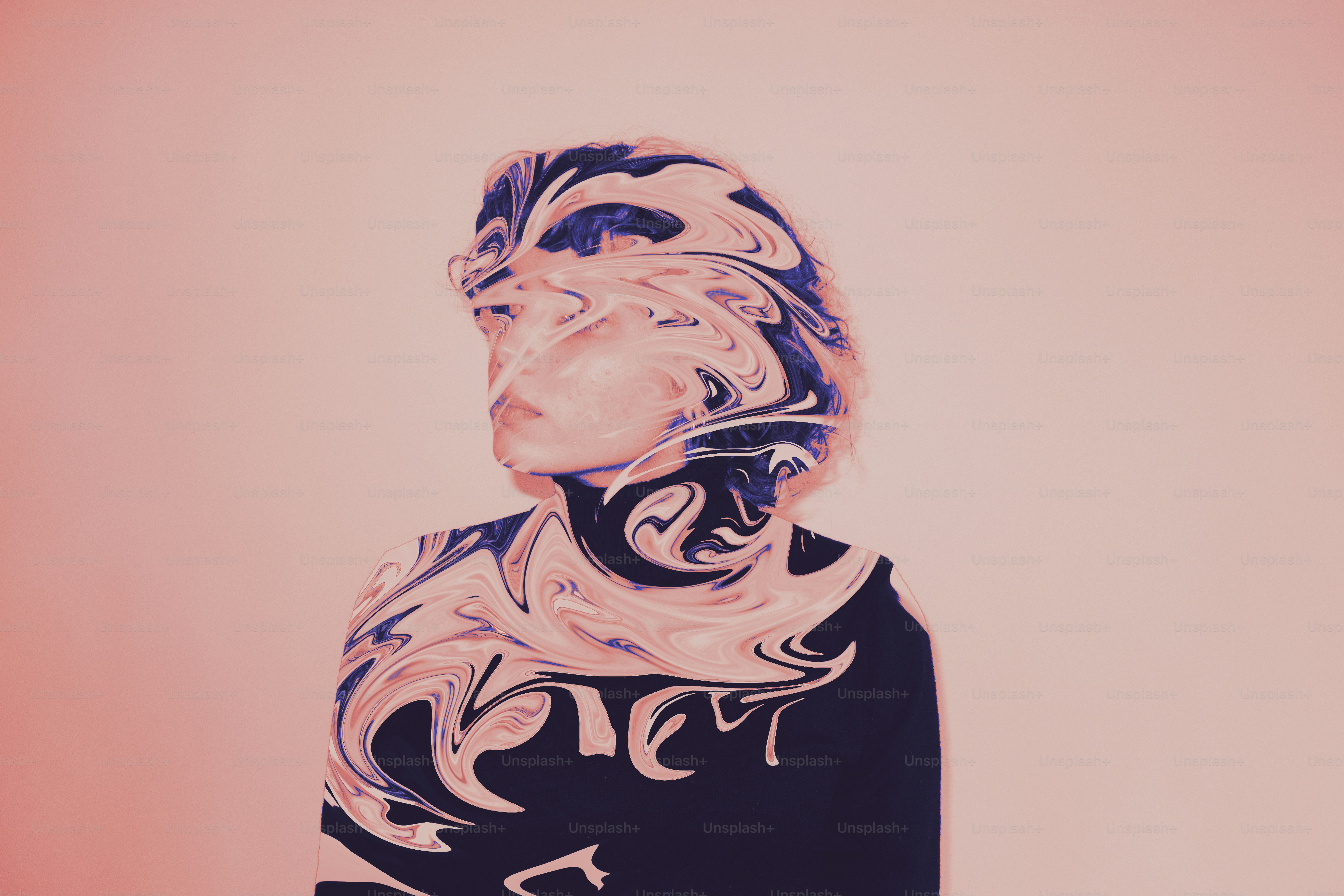Distorted portrait with swirling colors against pink background photo ...