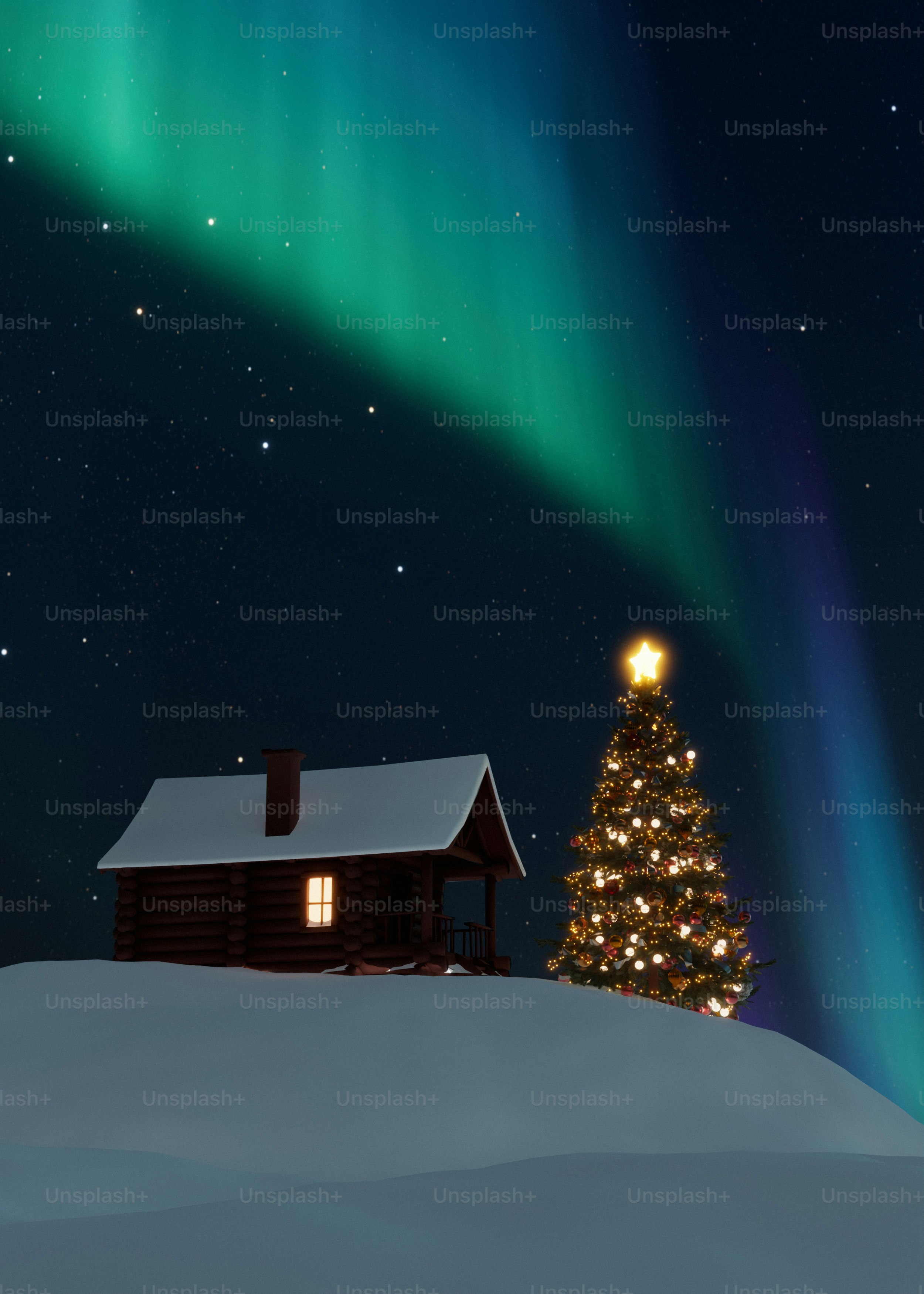 Cabin and christmas tree under aurora borealis photo – Christmas Image ...