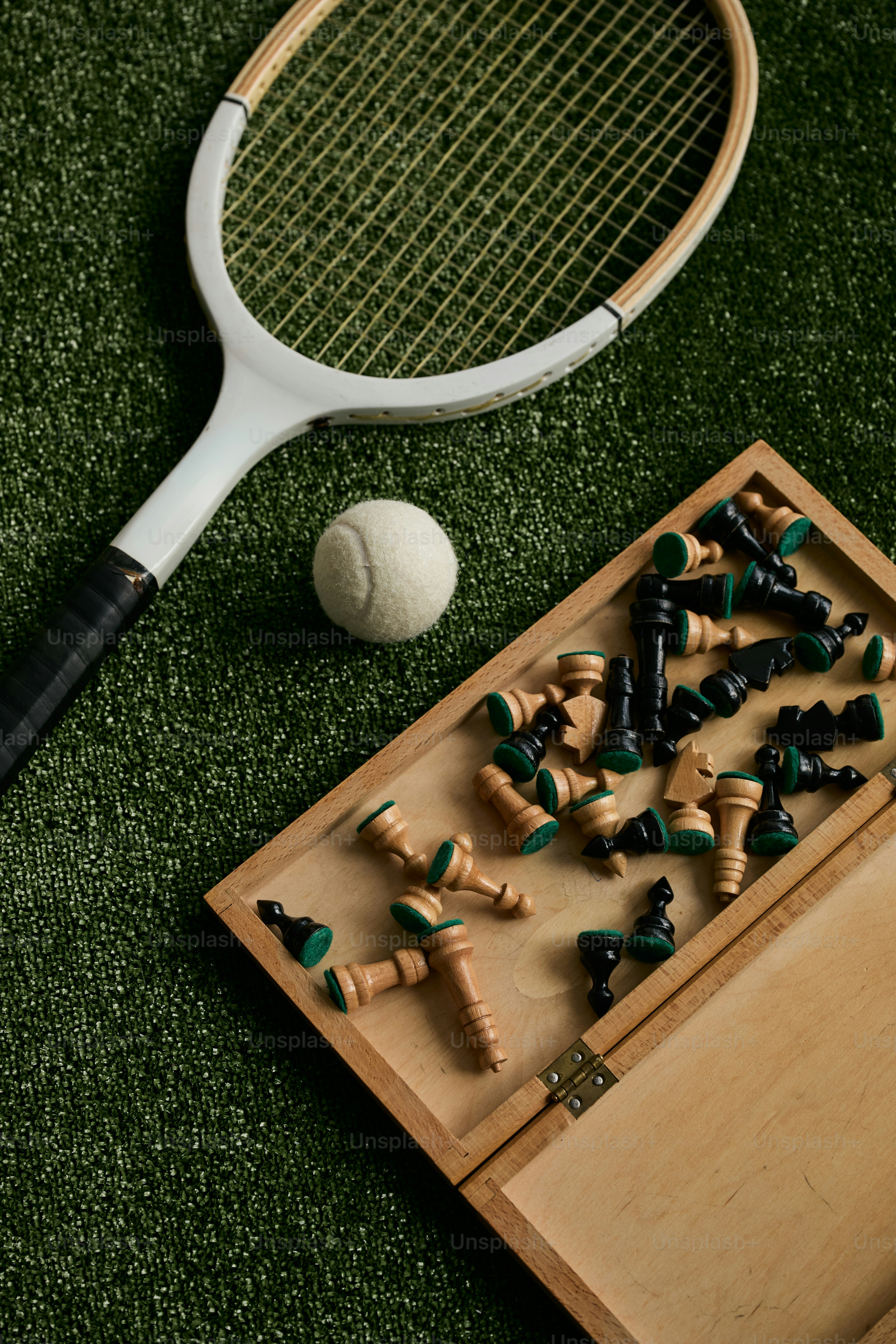 Tennis racket, ball, water bottle, and duffel bag on grass photo ...