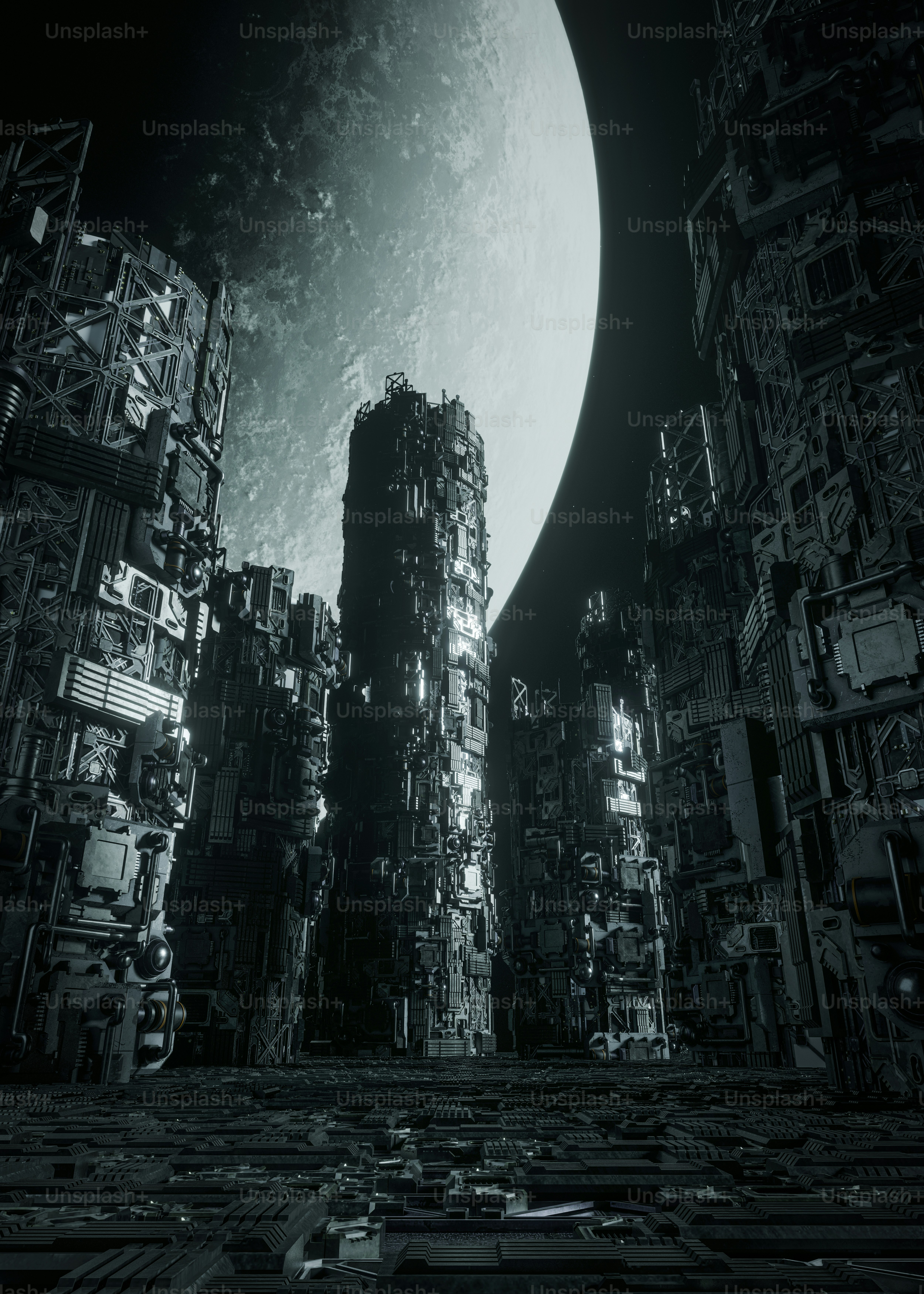 Futuristic cityscape under a large moon photo – Technology Image on ...