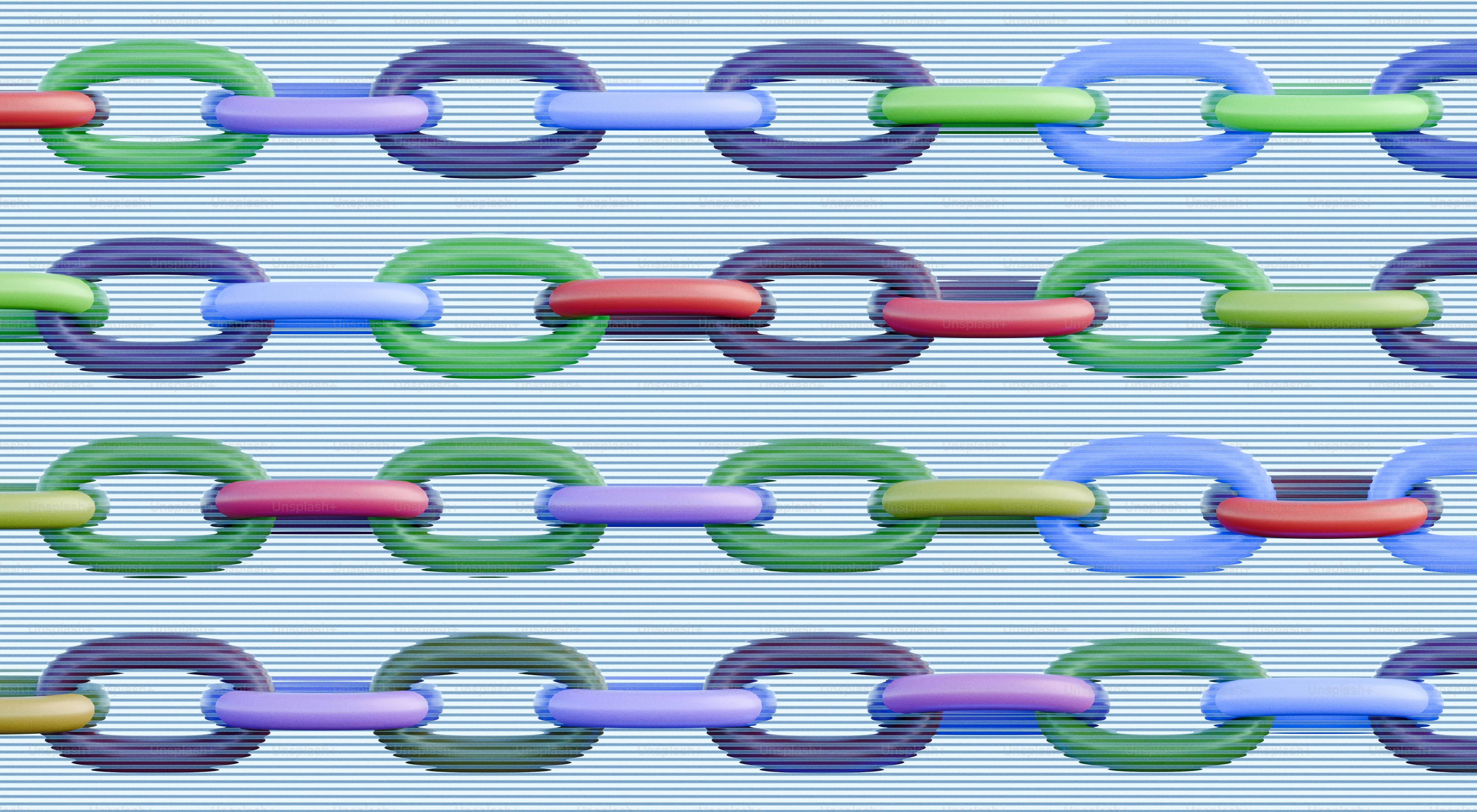 Four rows of colorful chain links on blue background photo – 3d render ...