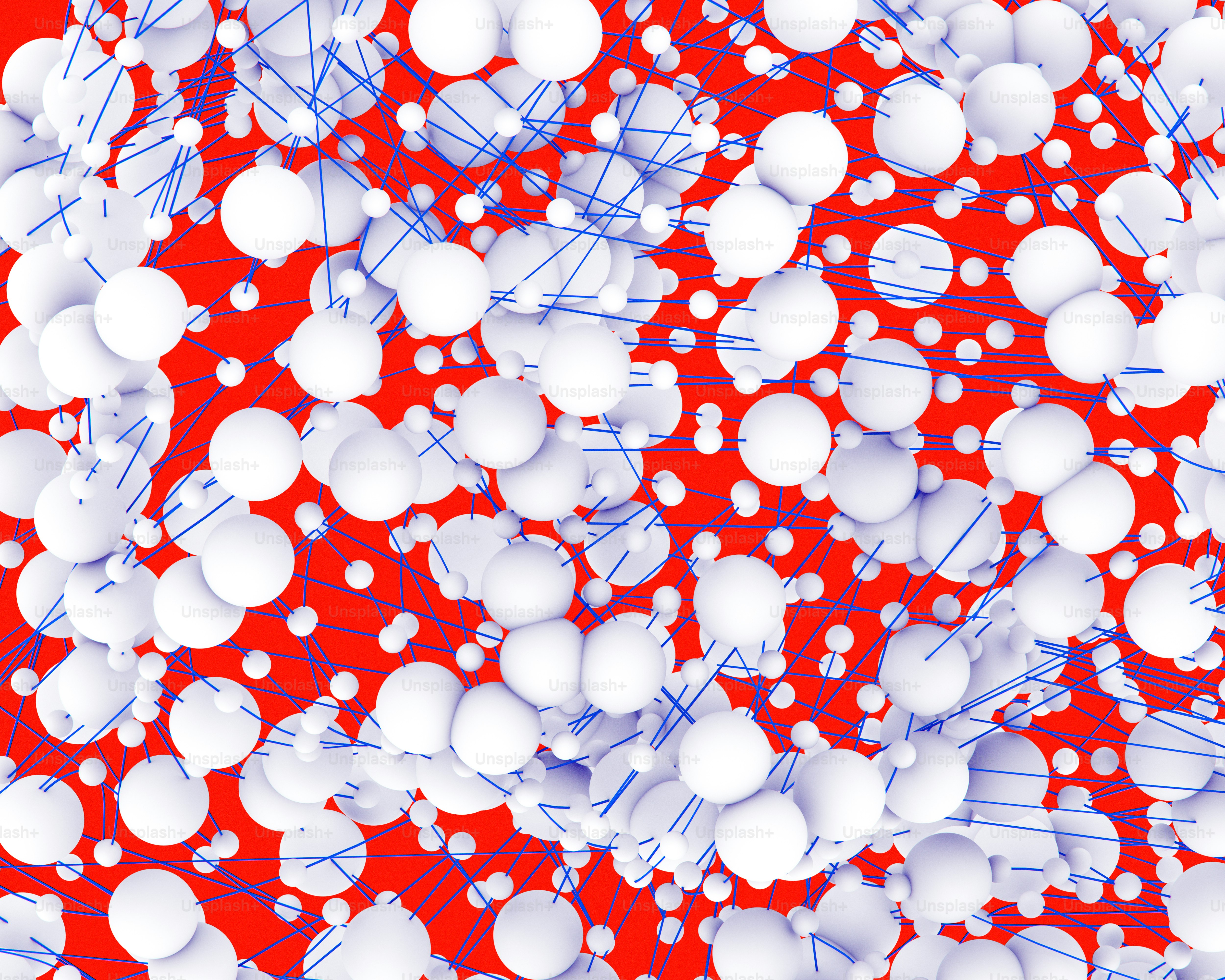 Abstract pattern of white spheres and blue lines on red photo ...