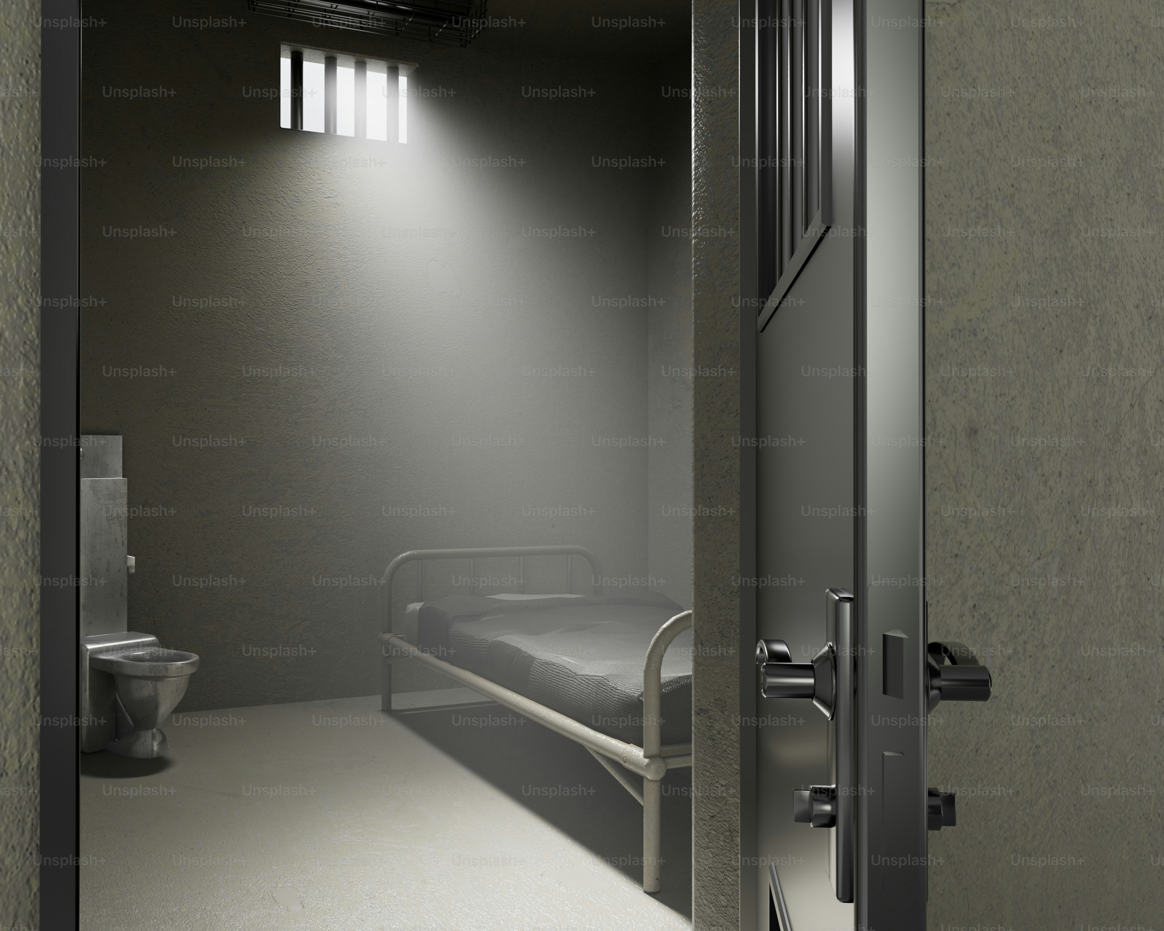 A dimly lit prison cell with a bed and toilet. photo – 3d render Image ...