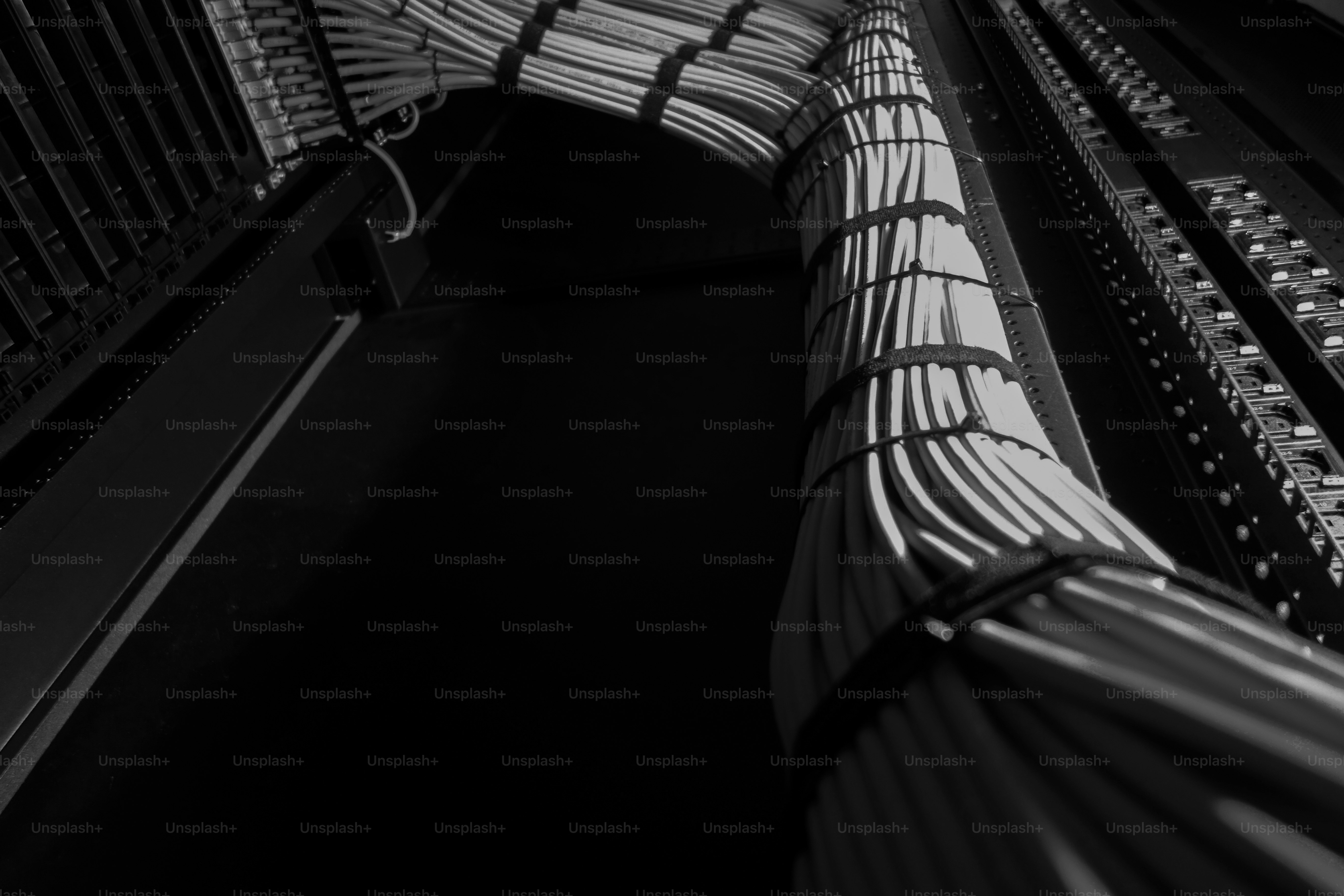 This image showcases a sophisticated cable management system in a data ...