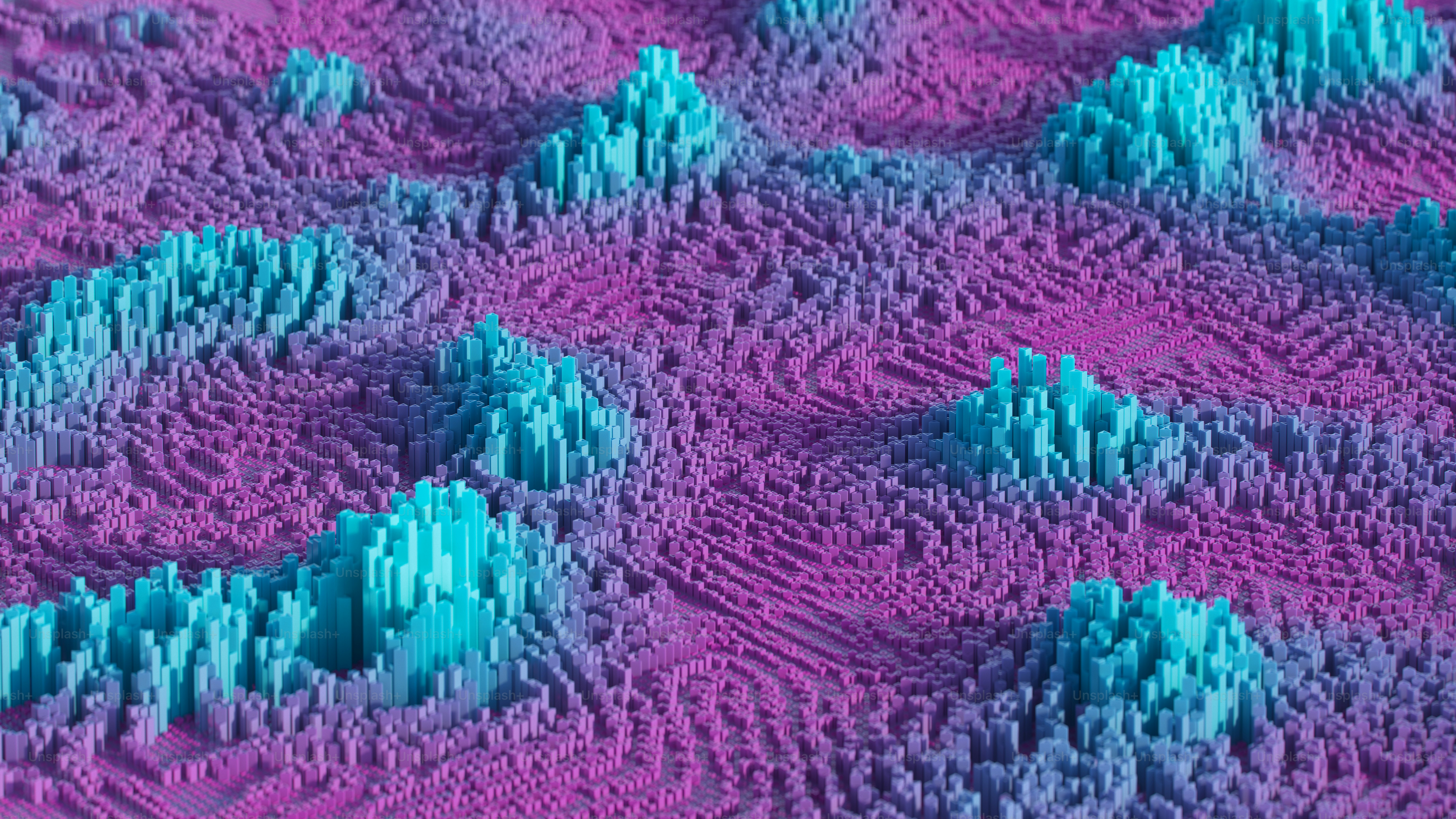 Stylized 3D abstract terrain with small block formations creating an ...