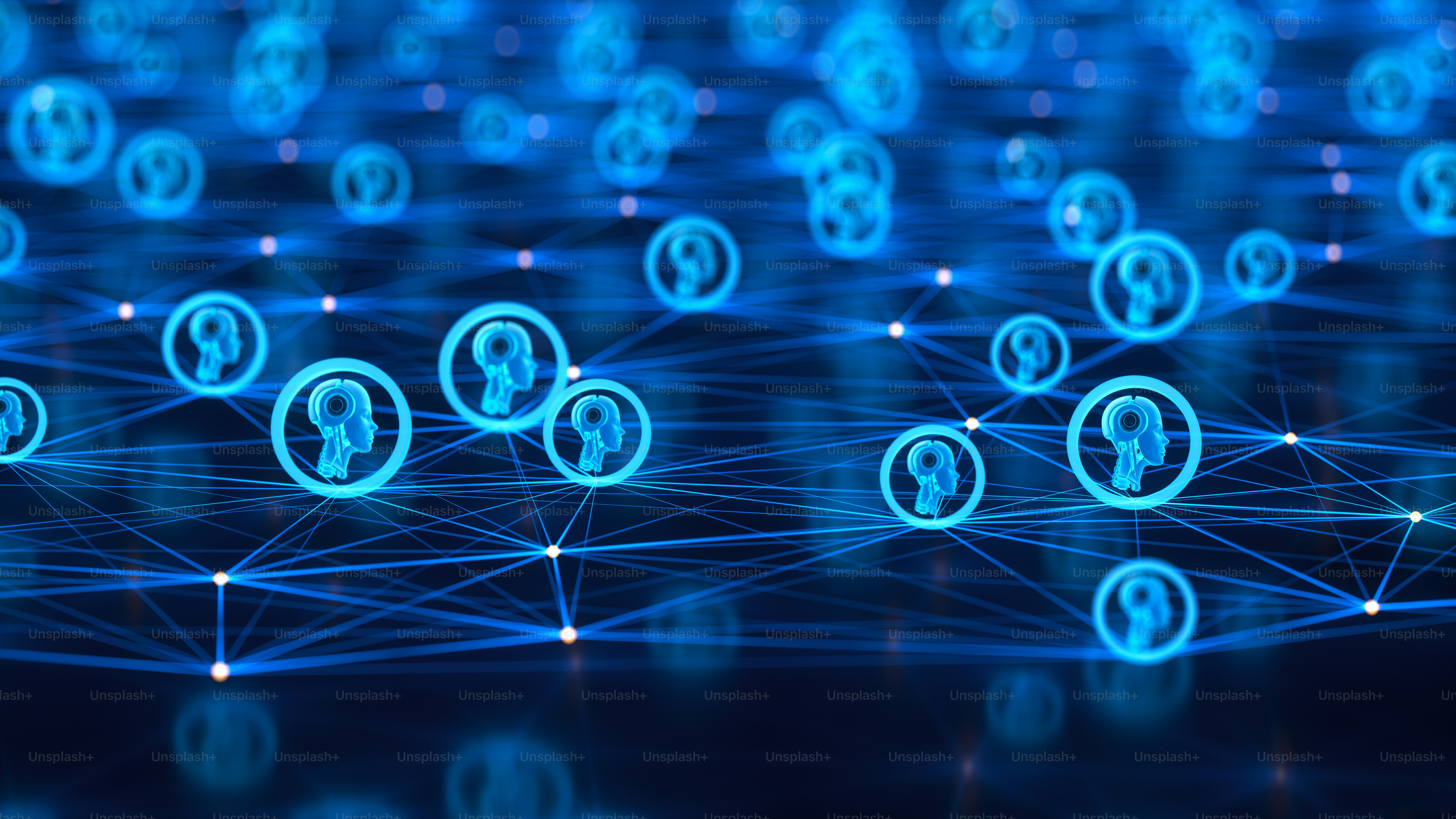A network of interconnected cyborg profiles representing autonomous AI ...