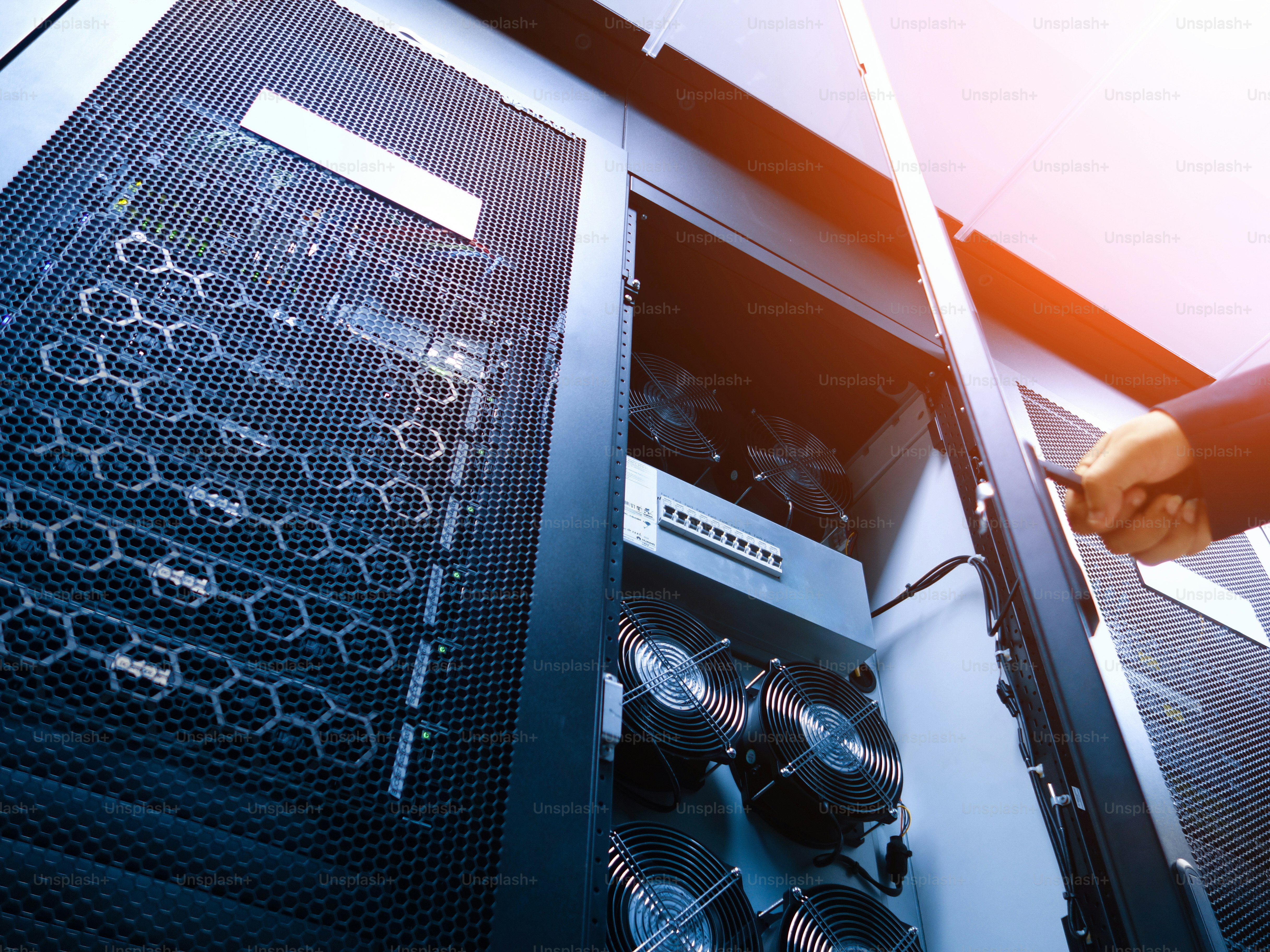 A close-up view of modern server rack units in a data center ...