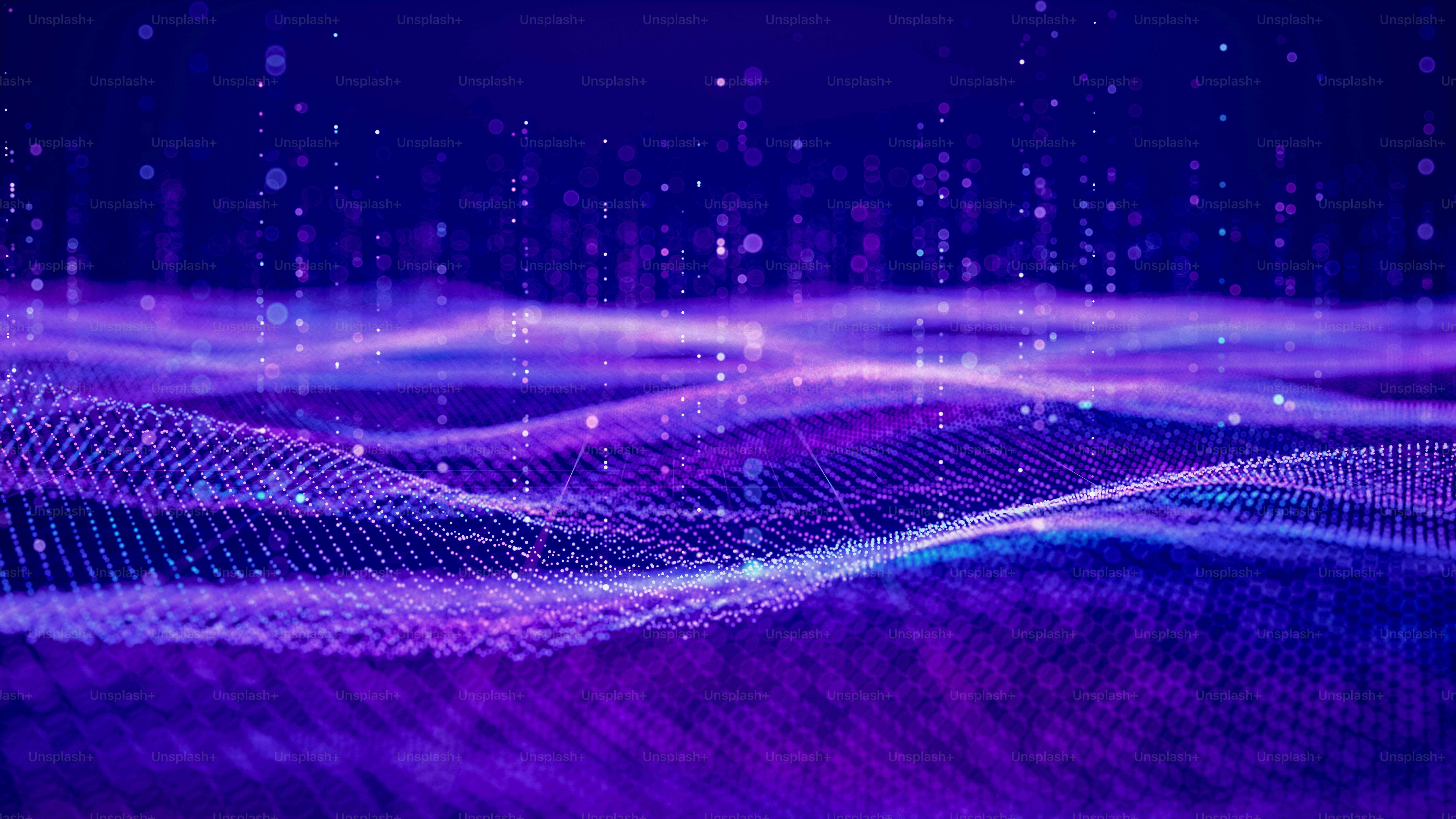 Abstract digital wave composed of glowing purple and blue particles ...
