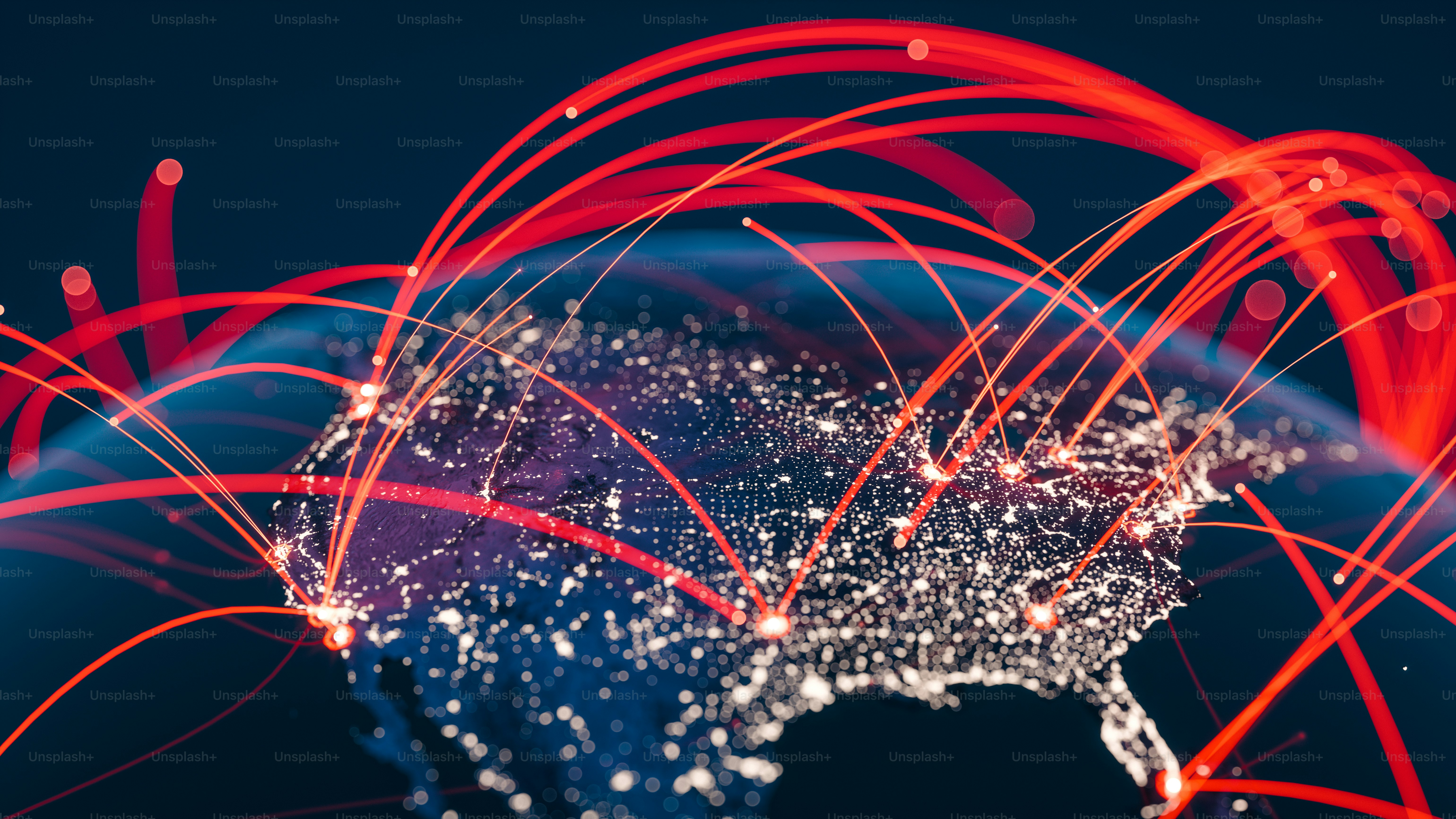 Blue Globe viewing from space at night with red connections between the ...