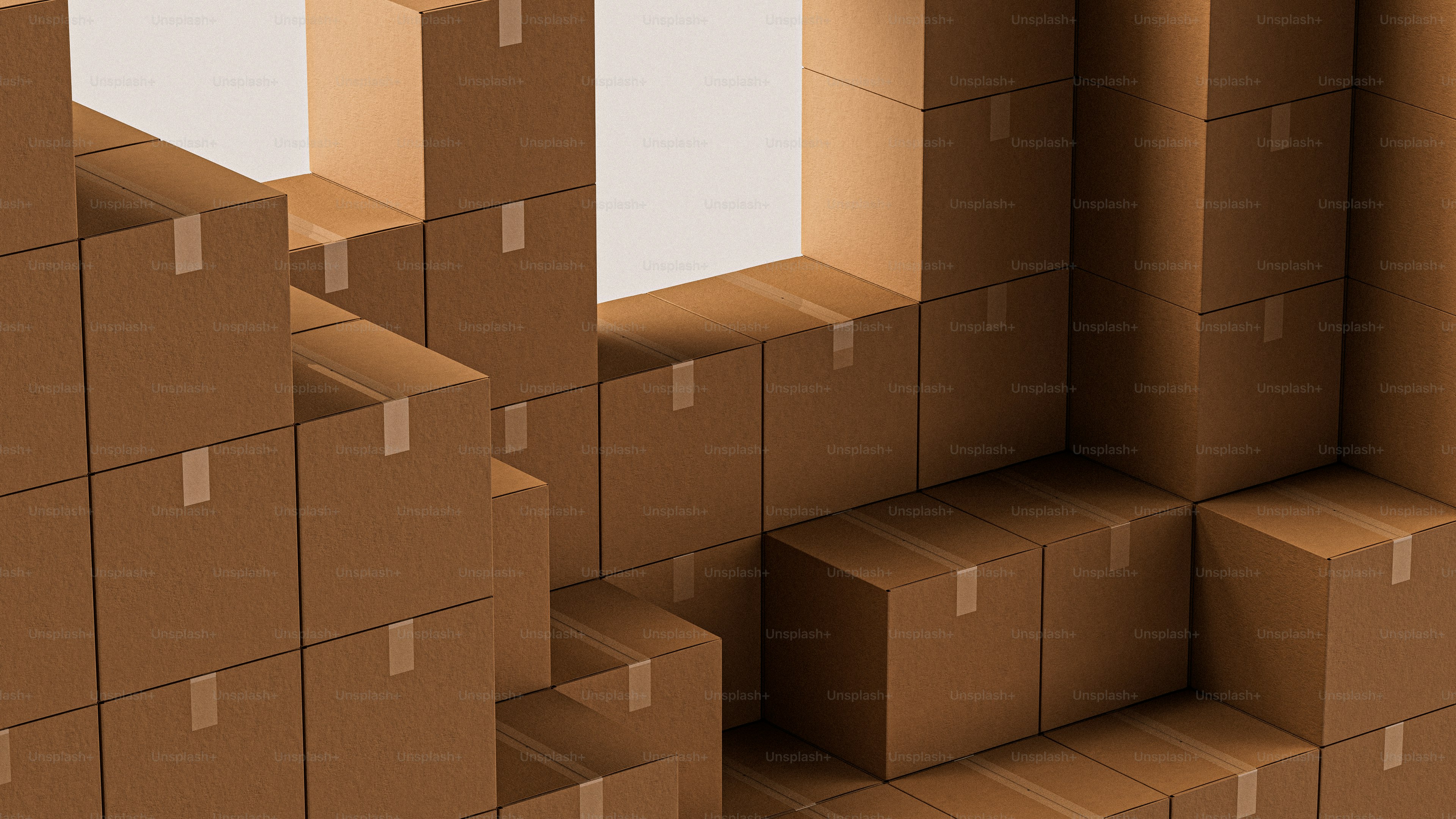 Stacked cardboard boxes balanced precariously. photo – 3d render Image ...