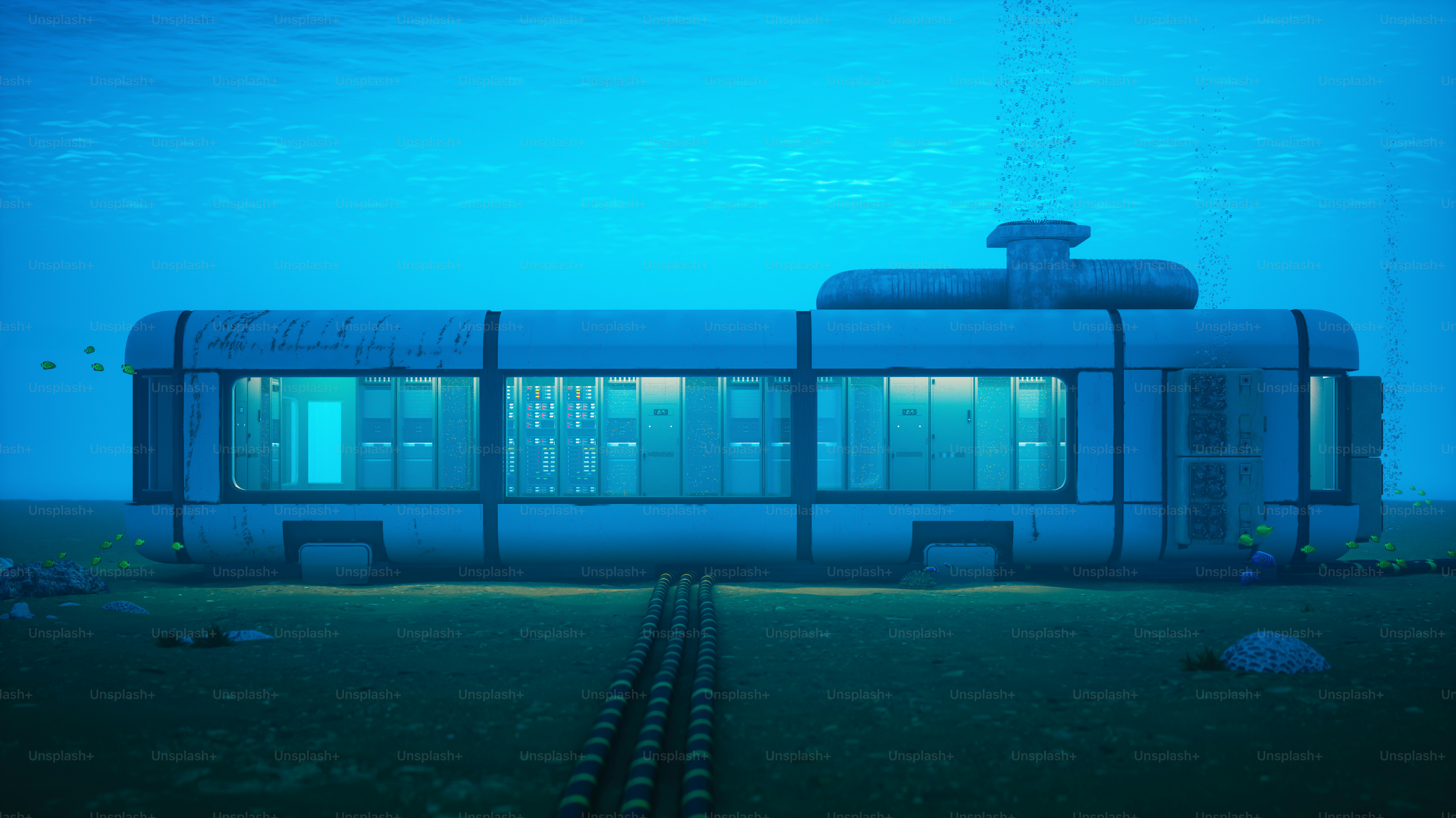 3D concept render of an underwater data center cooling AI servers using ...