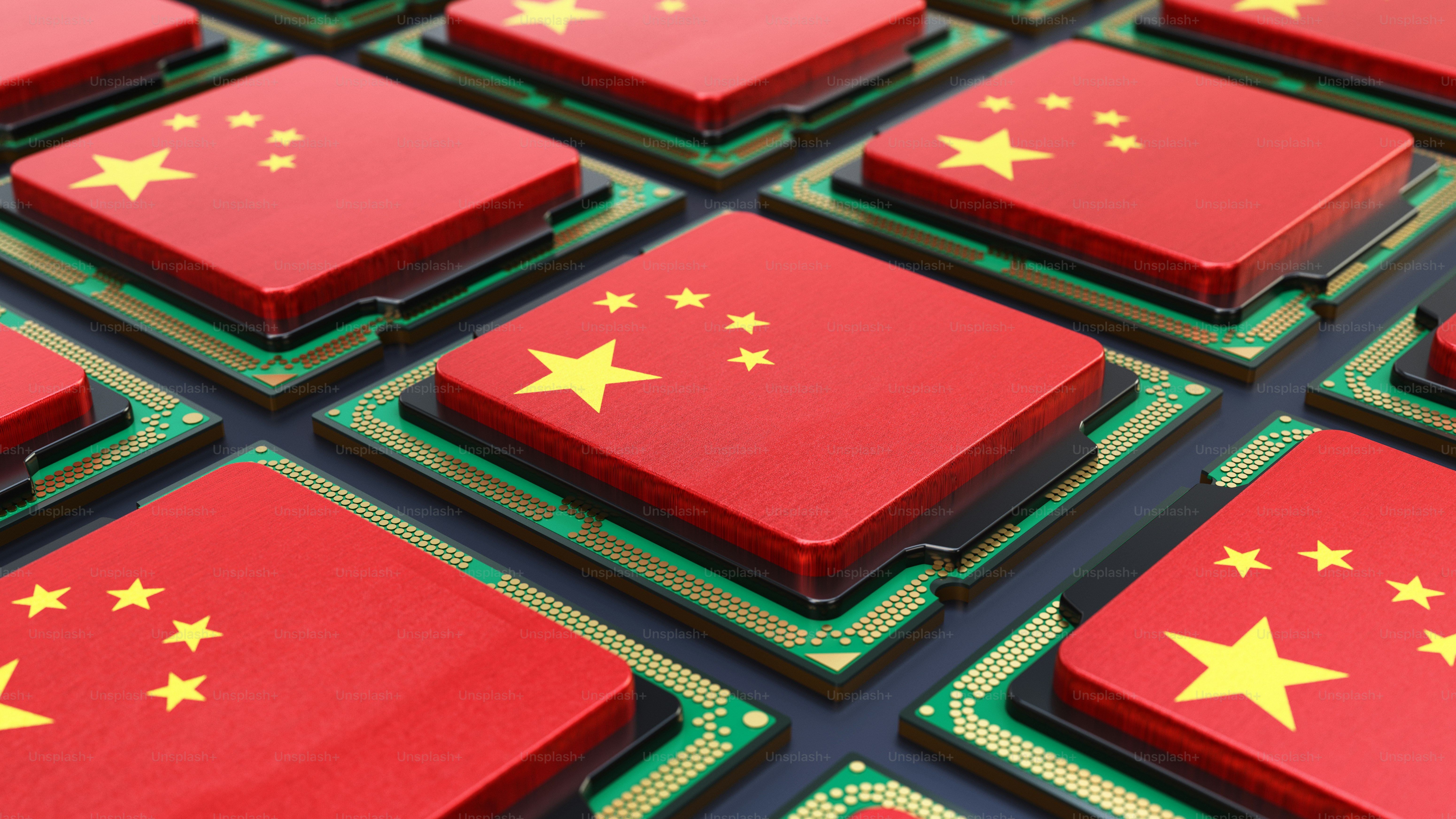 Chinese microchip with the Chinese flag and star symbols, representing ...