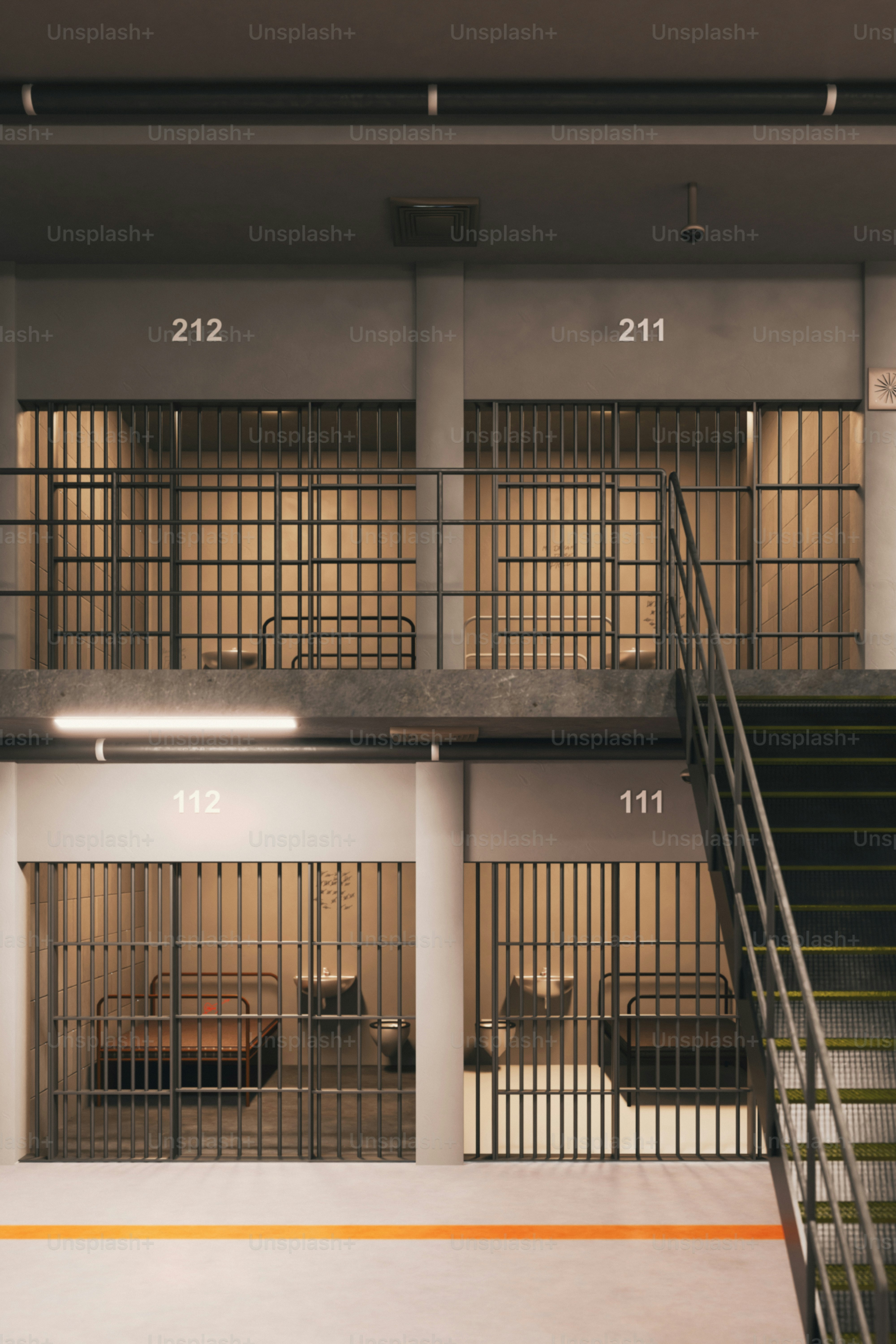 Interior of a modern prison with rows of cells photo – Interior Image ...