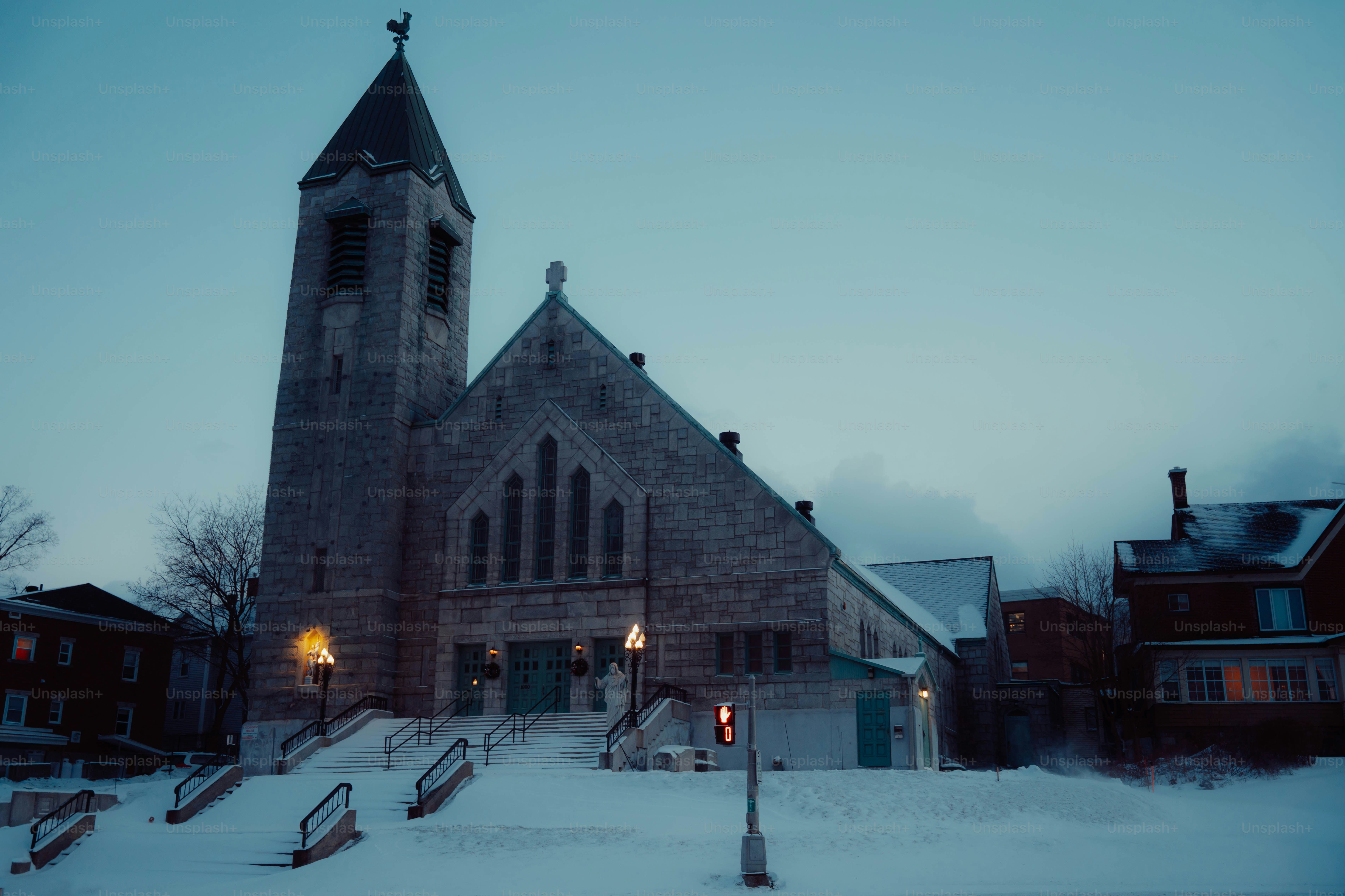 Church steeple against a winter sky with power lines. photo – Dark ...