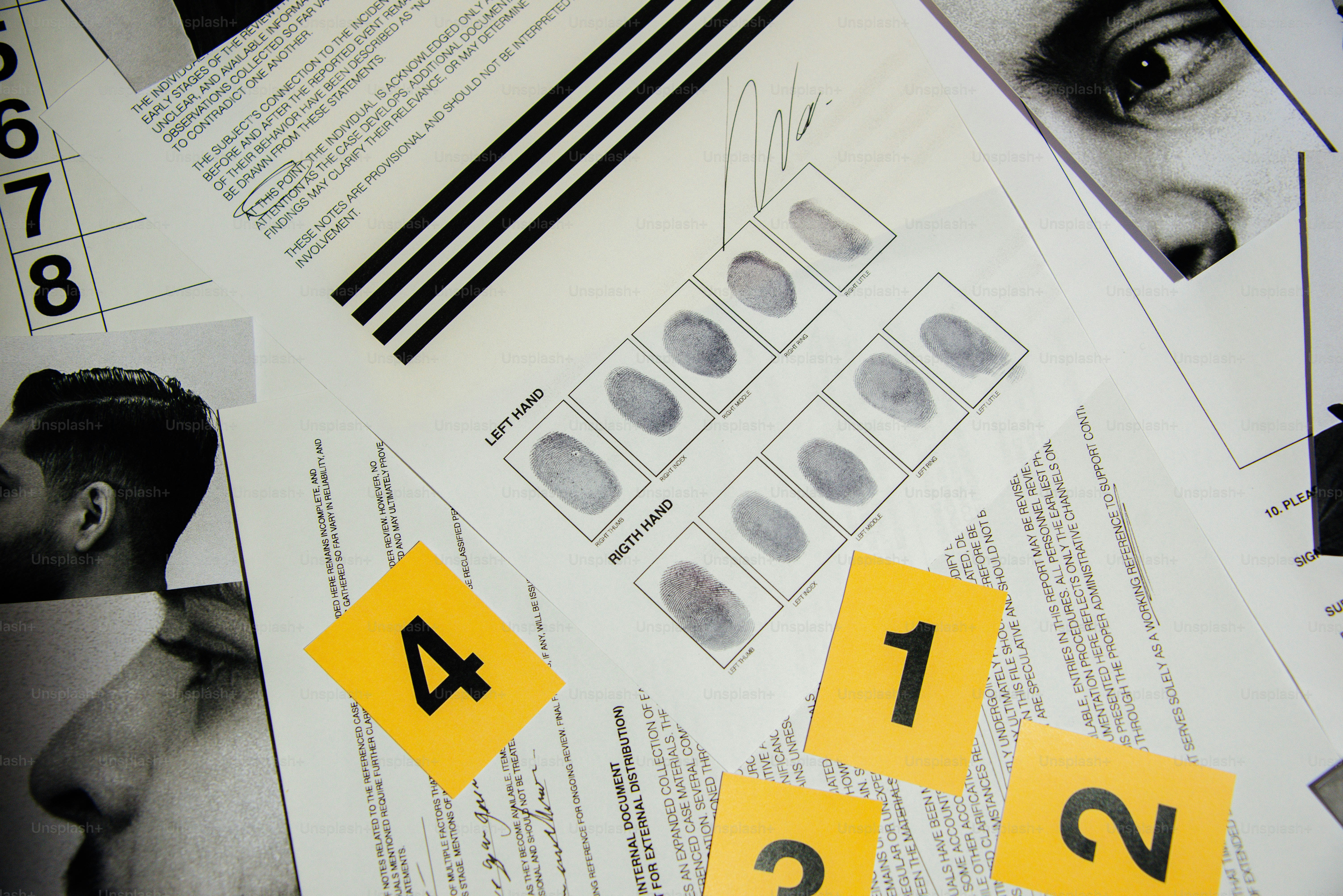 Crime scene evidence with fingerprints and numbered markers. photo ...