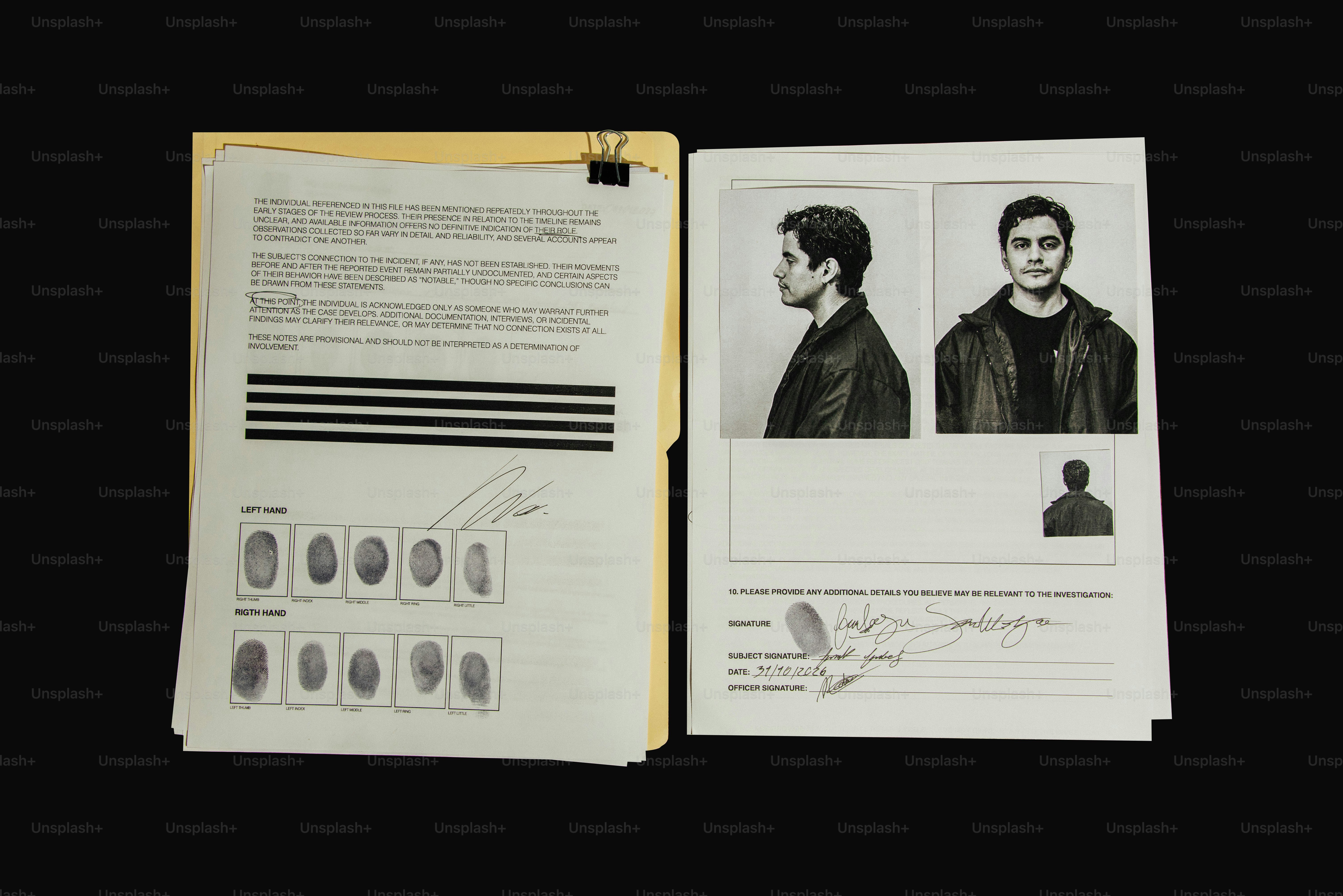 Crime scene evidence with fingerprints and numbered markers. photo ...