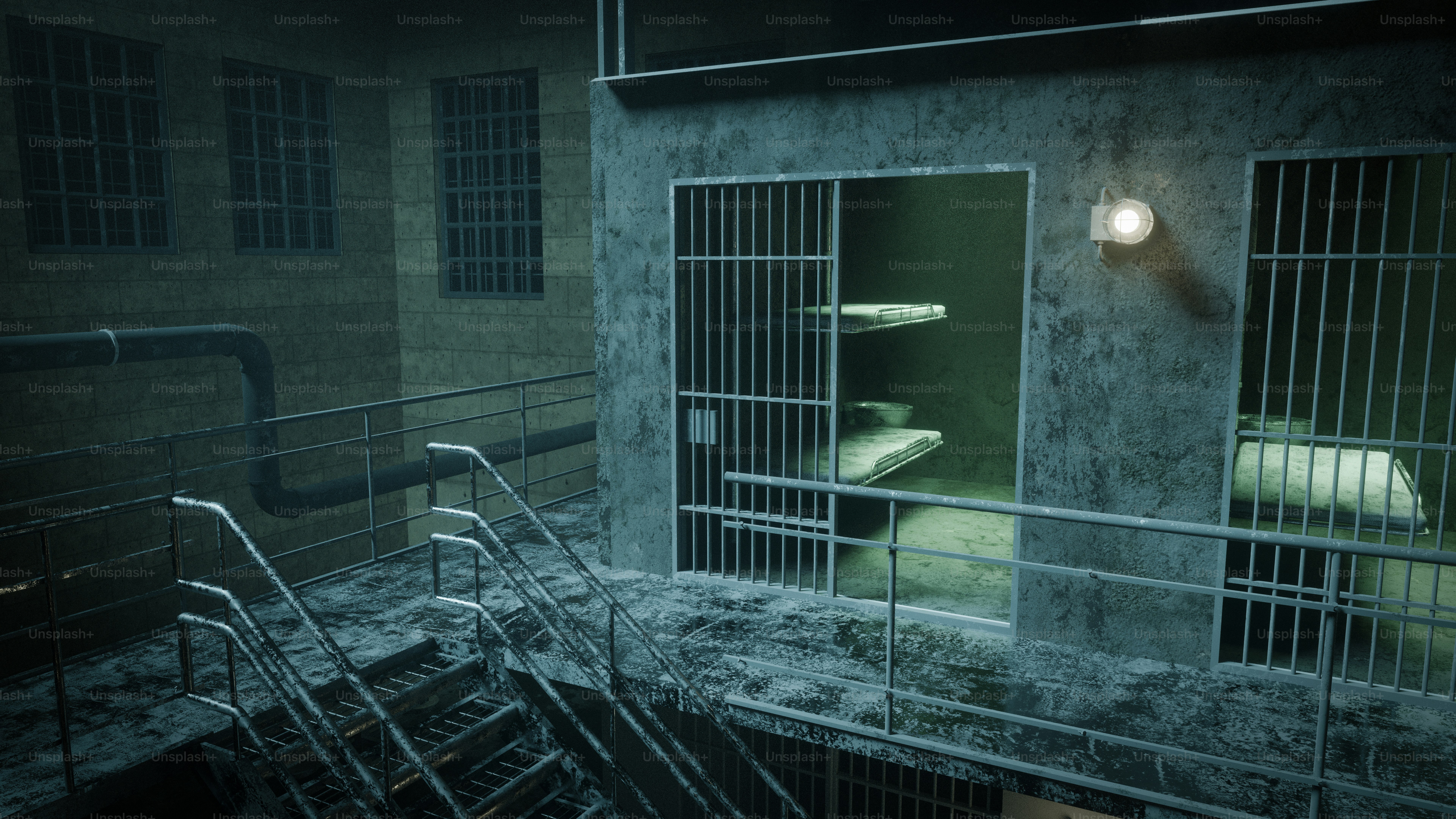 Interior of a dimly lit prison cell block photo – Security Image on ...