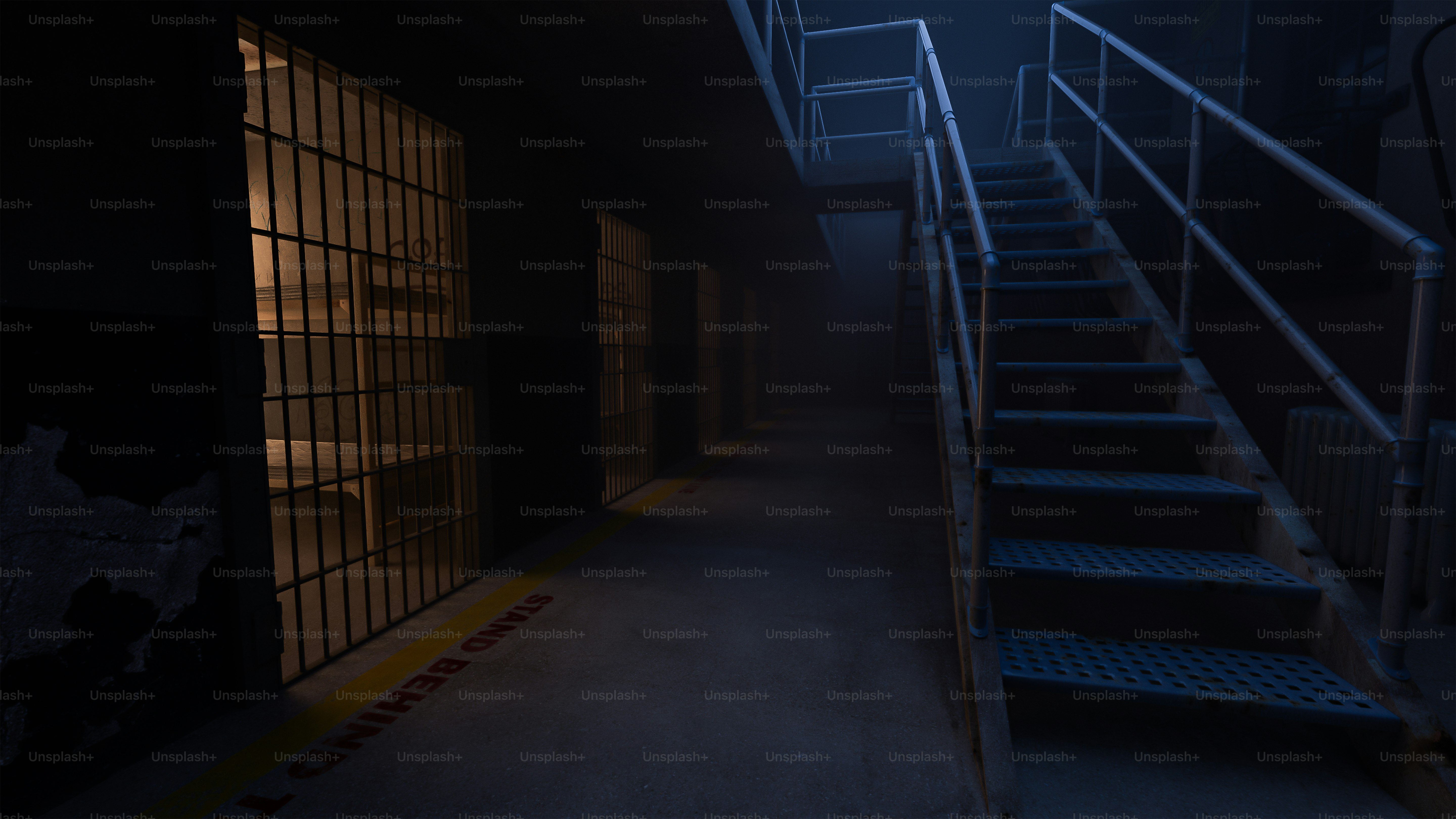 Dark prison hallway with cells and stairs photo – Interior Image on ...