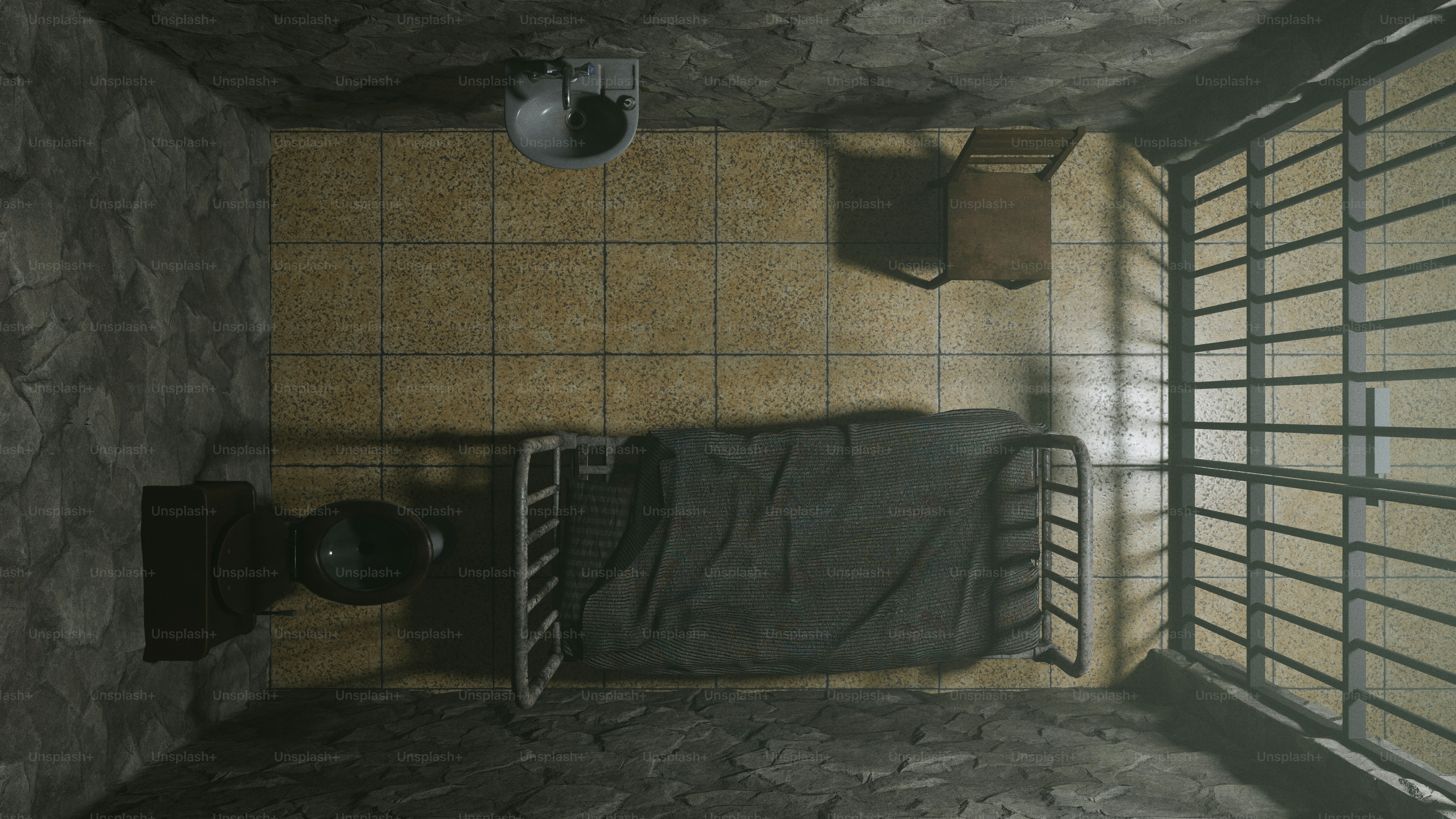 A simple prison cell with a bed and toilet. photo – Prison Image on ...