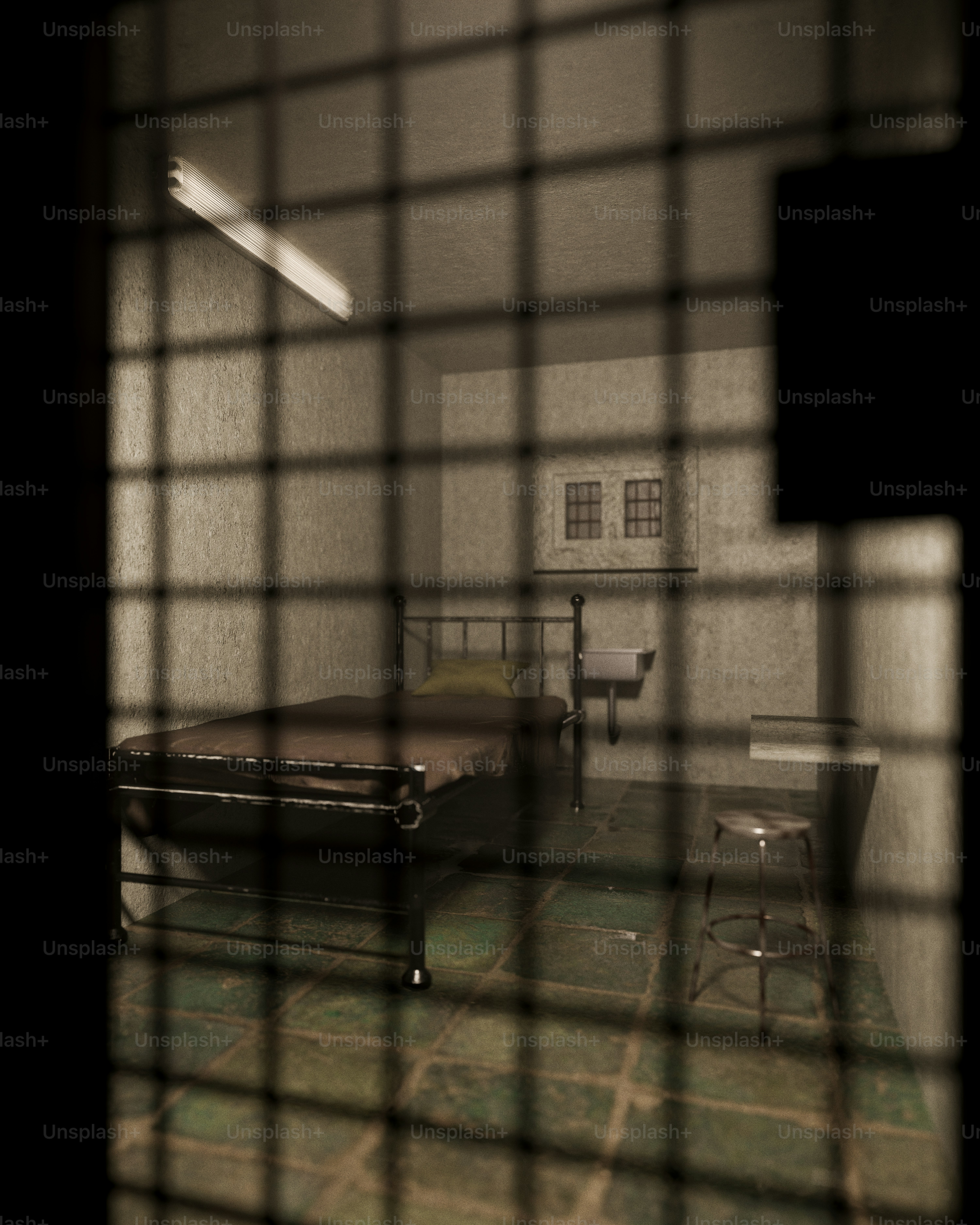 A simple prison cell with a bed and toilet. photo – Prison Image on ...
