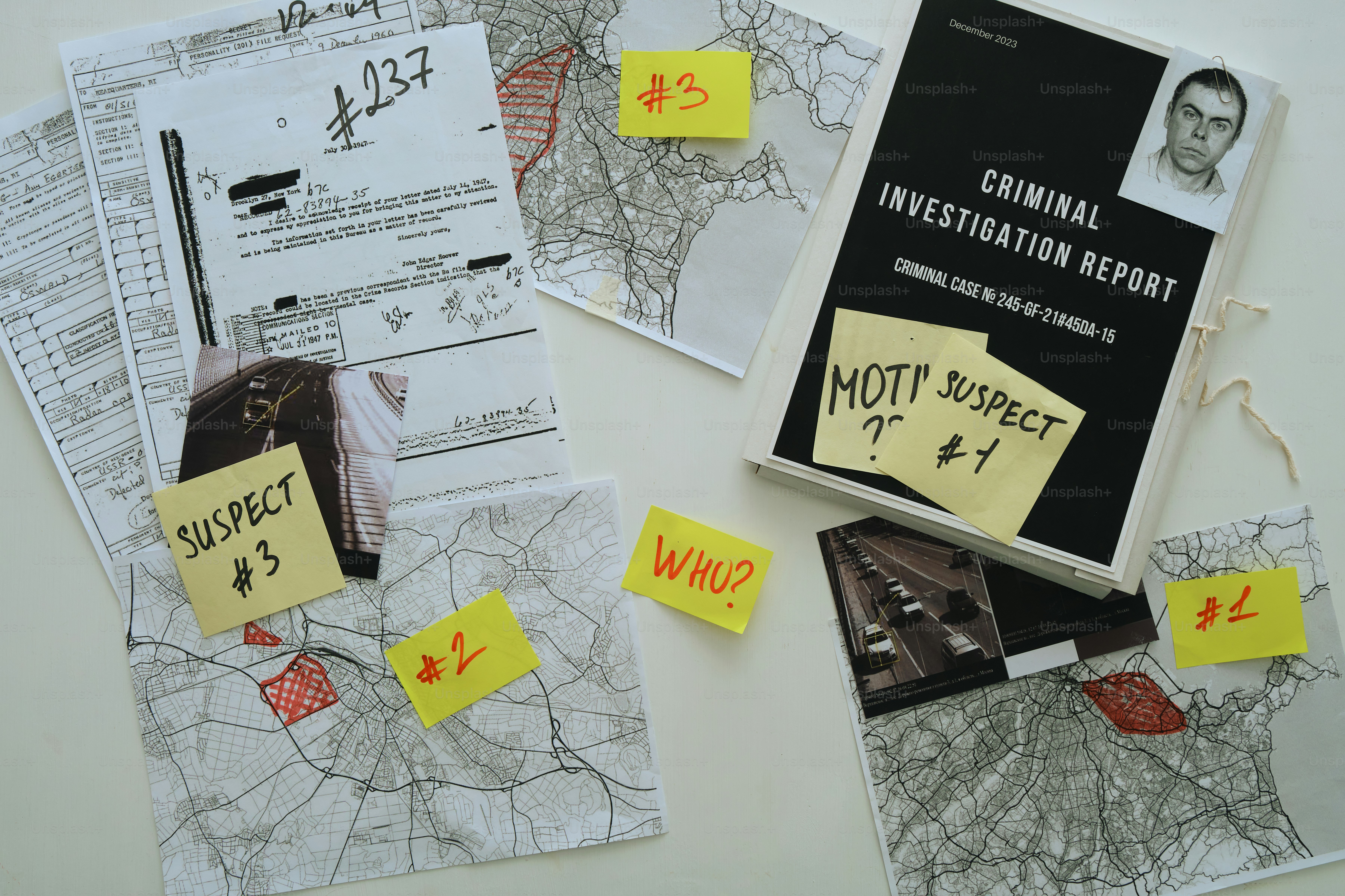 Criminal investigation report with maps and suspects photo – Map Image ...