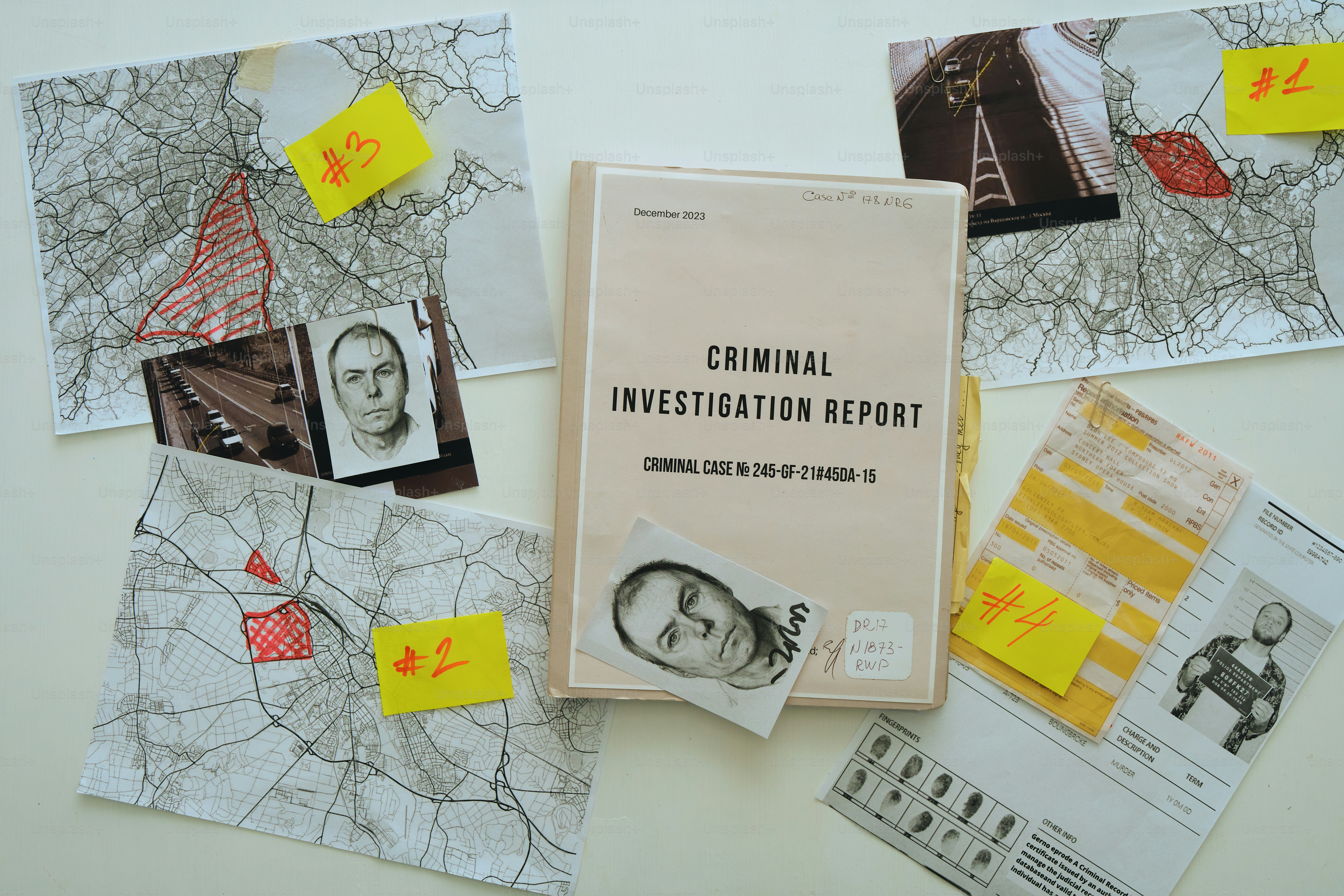 Detective examining a crime map with photos and photos. photo – Map ...