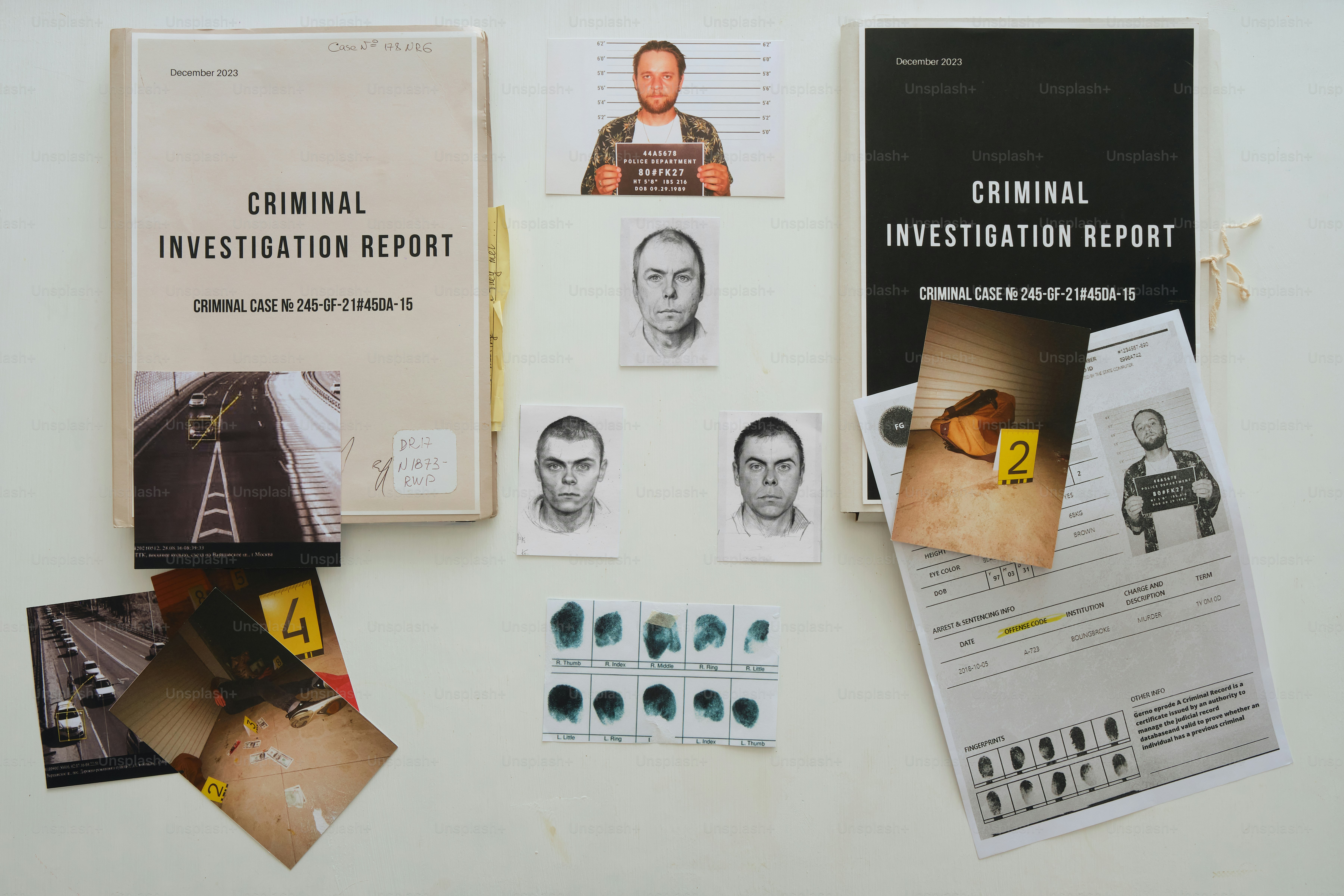 Criminal investigation report with suspect photos and evidence. photo ...