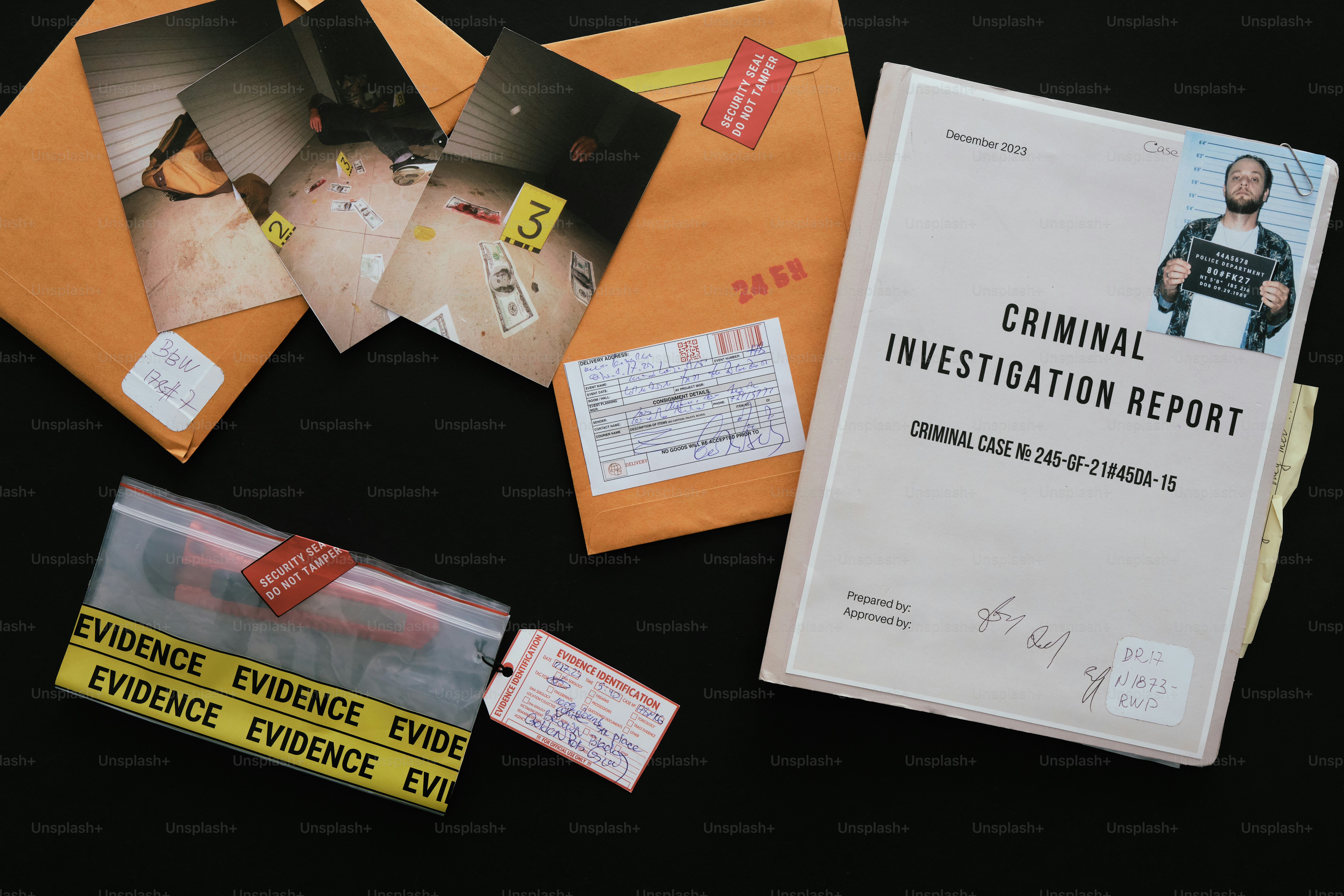 Criminal investigation report with evidence bags and photos photo ...