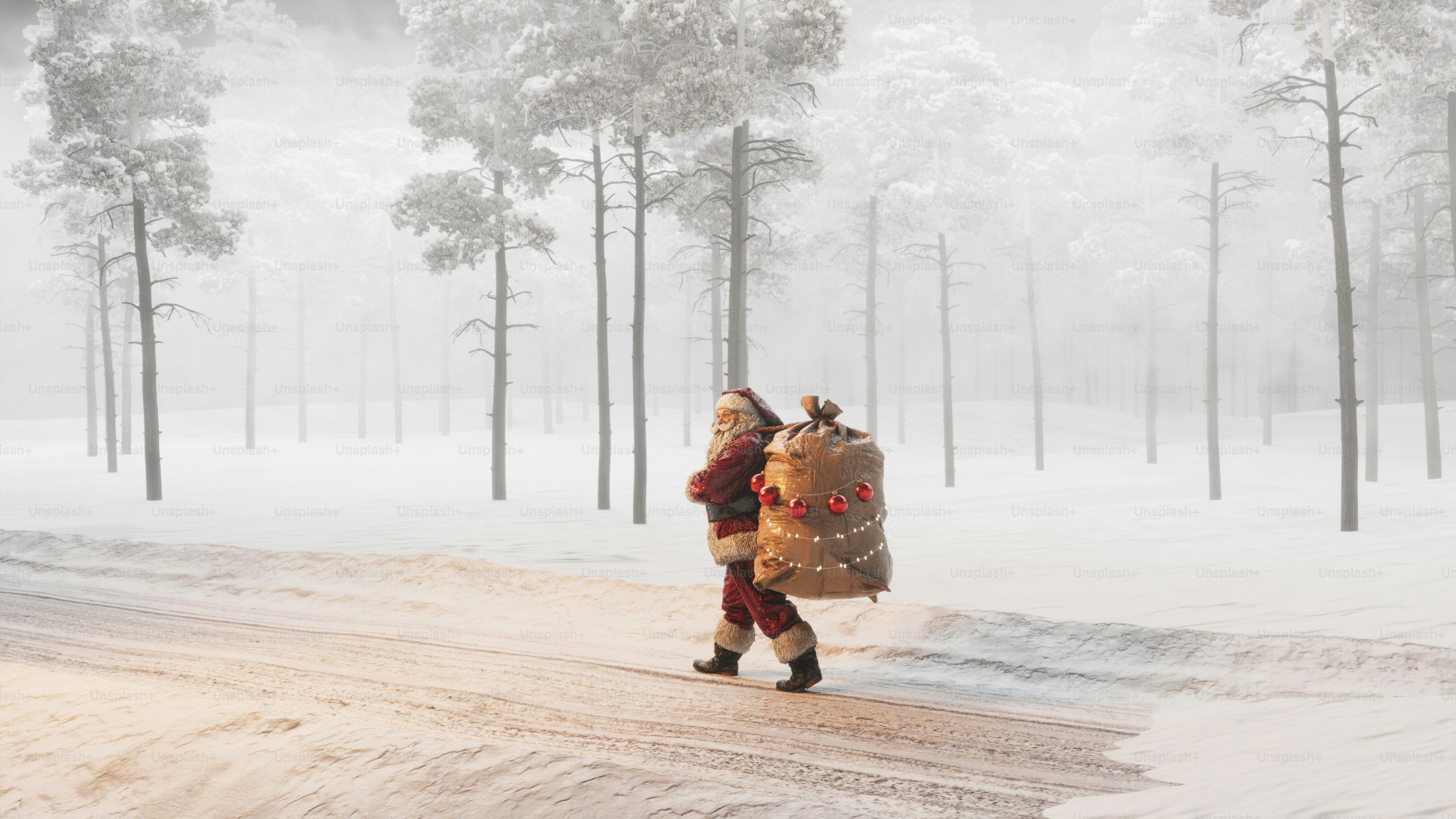 Santa claus walking through a snowy forest with gifts photo – Christmas ...