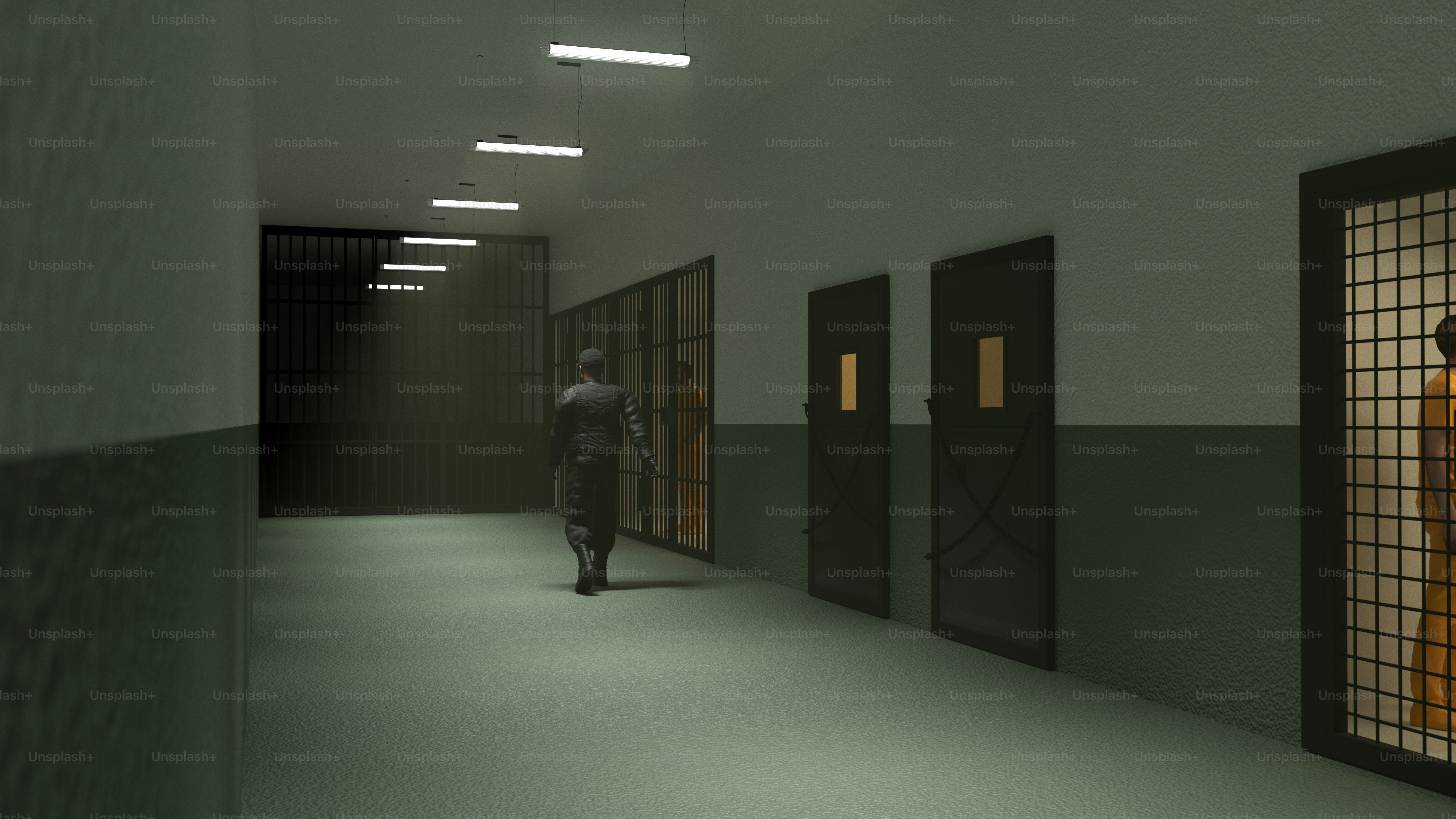 A person walks down a prison hallway with cells. photo – Interior Image ...