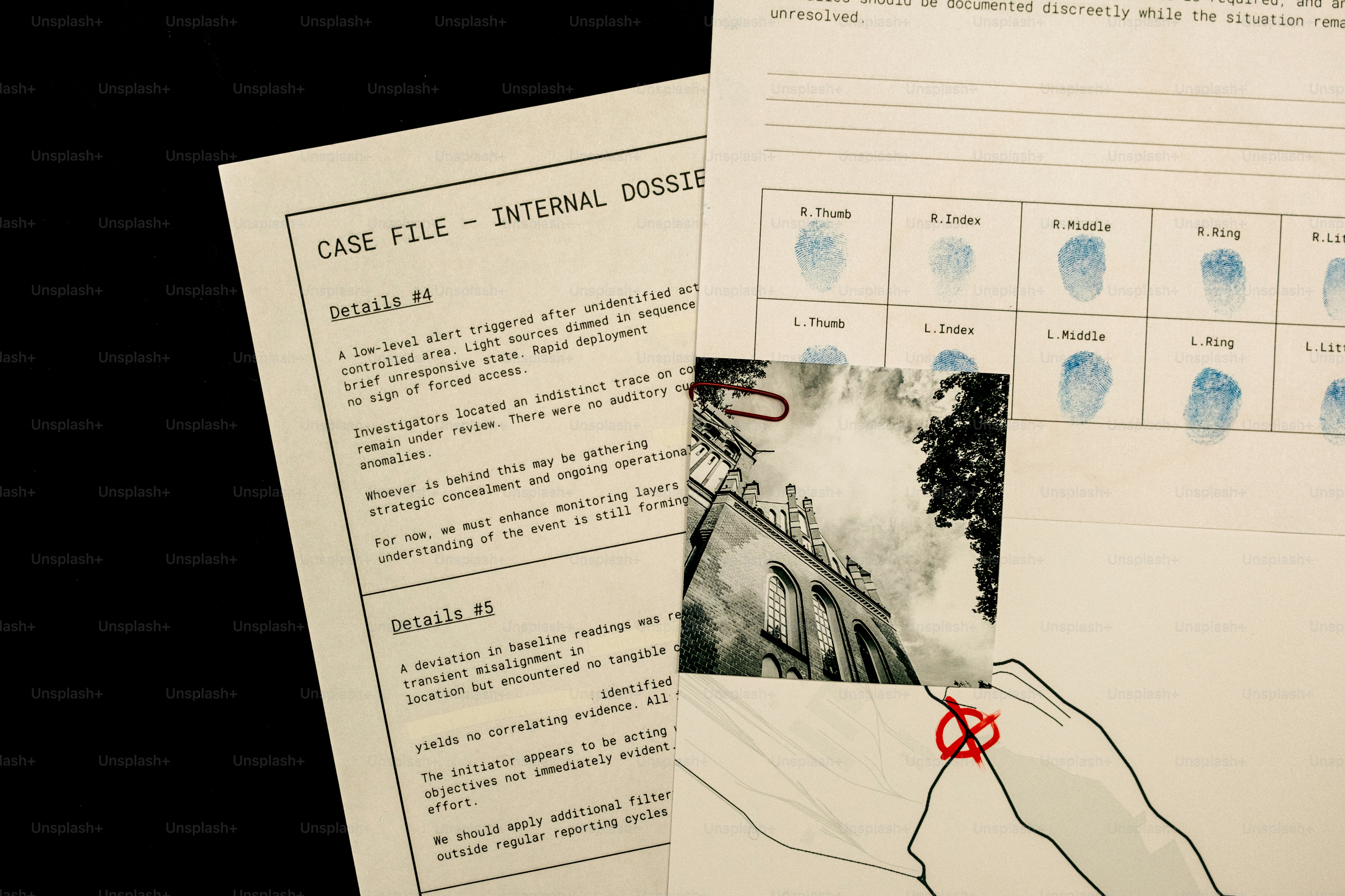 Crime scene documents with fingerprints and evidence photo – Building ...