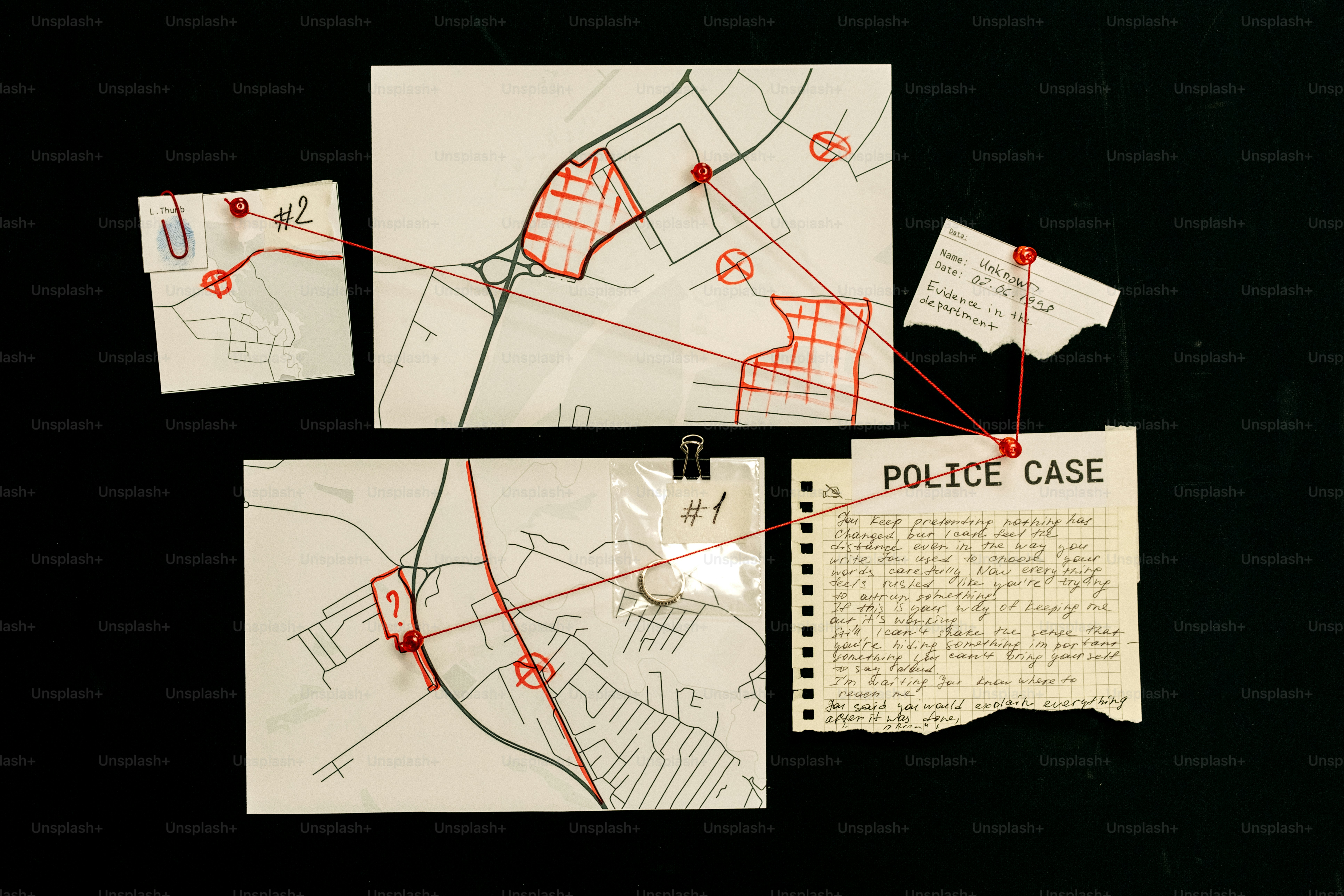 Police case maps and notes pinned to board. photo – Map Image on Unsplash