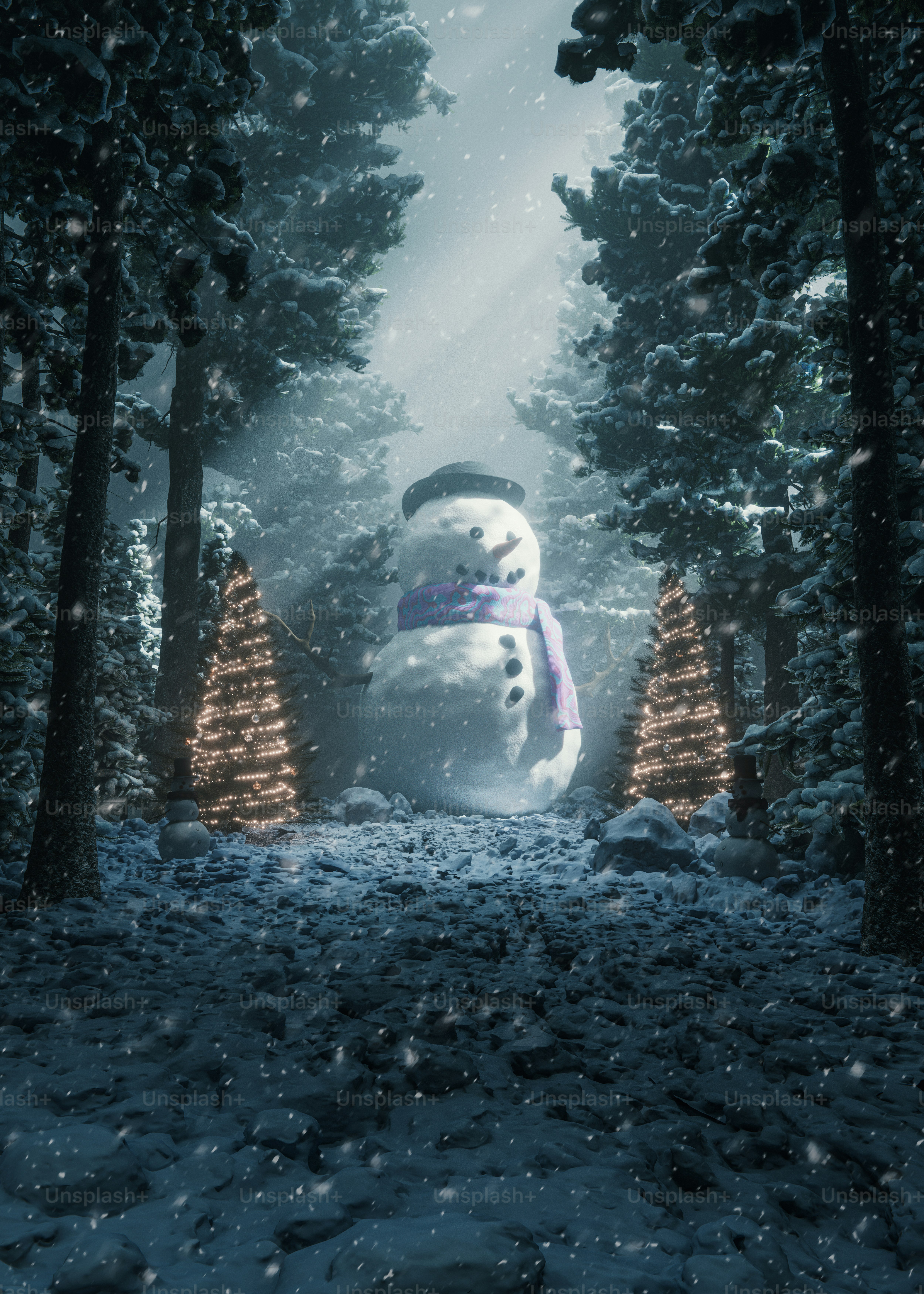 Snowman in a snowy forest with lit trees photo – Forest Image on Unsplash