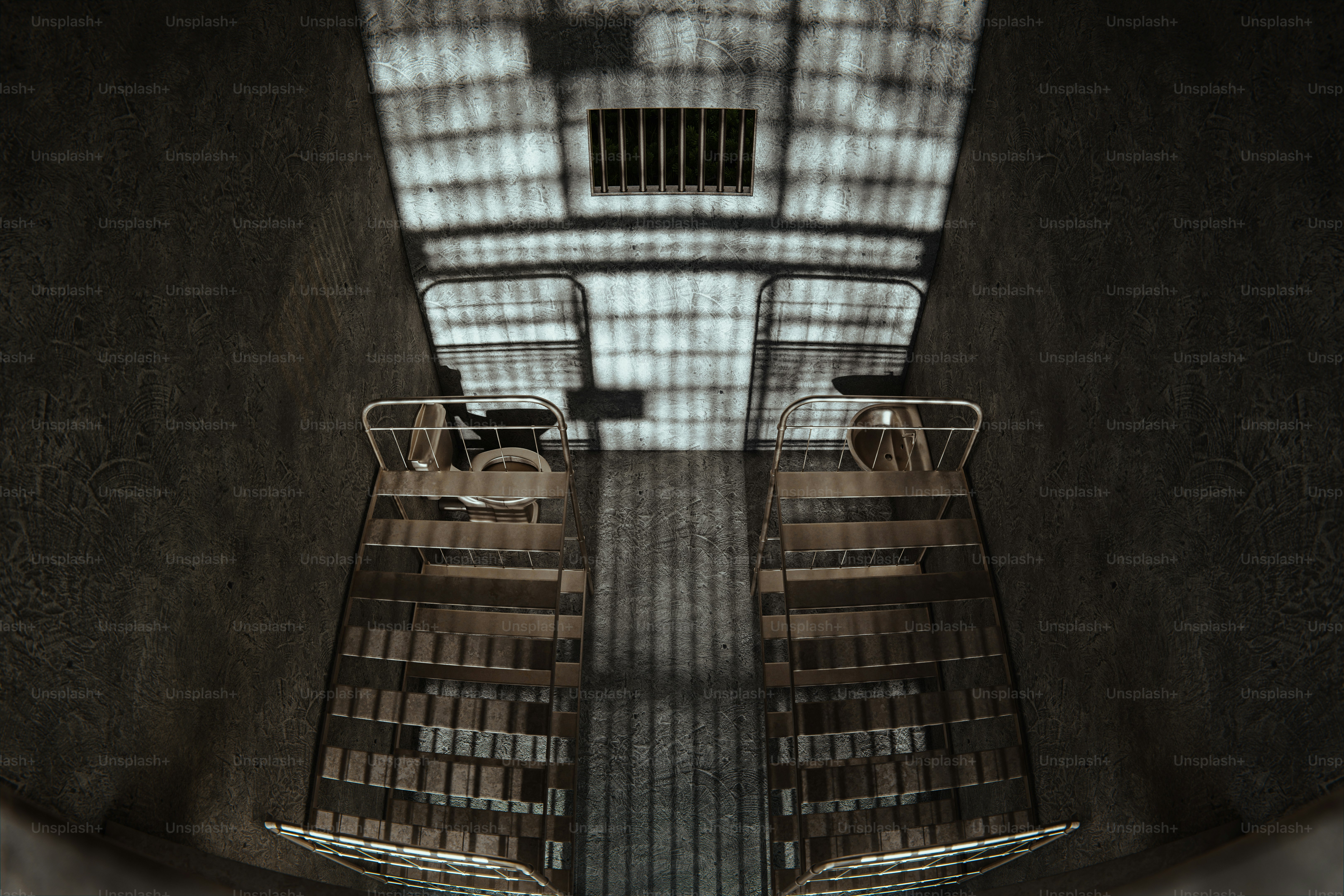 Two empty prison cells with barred windows above. photo – Wallpaper ...