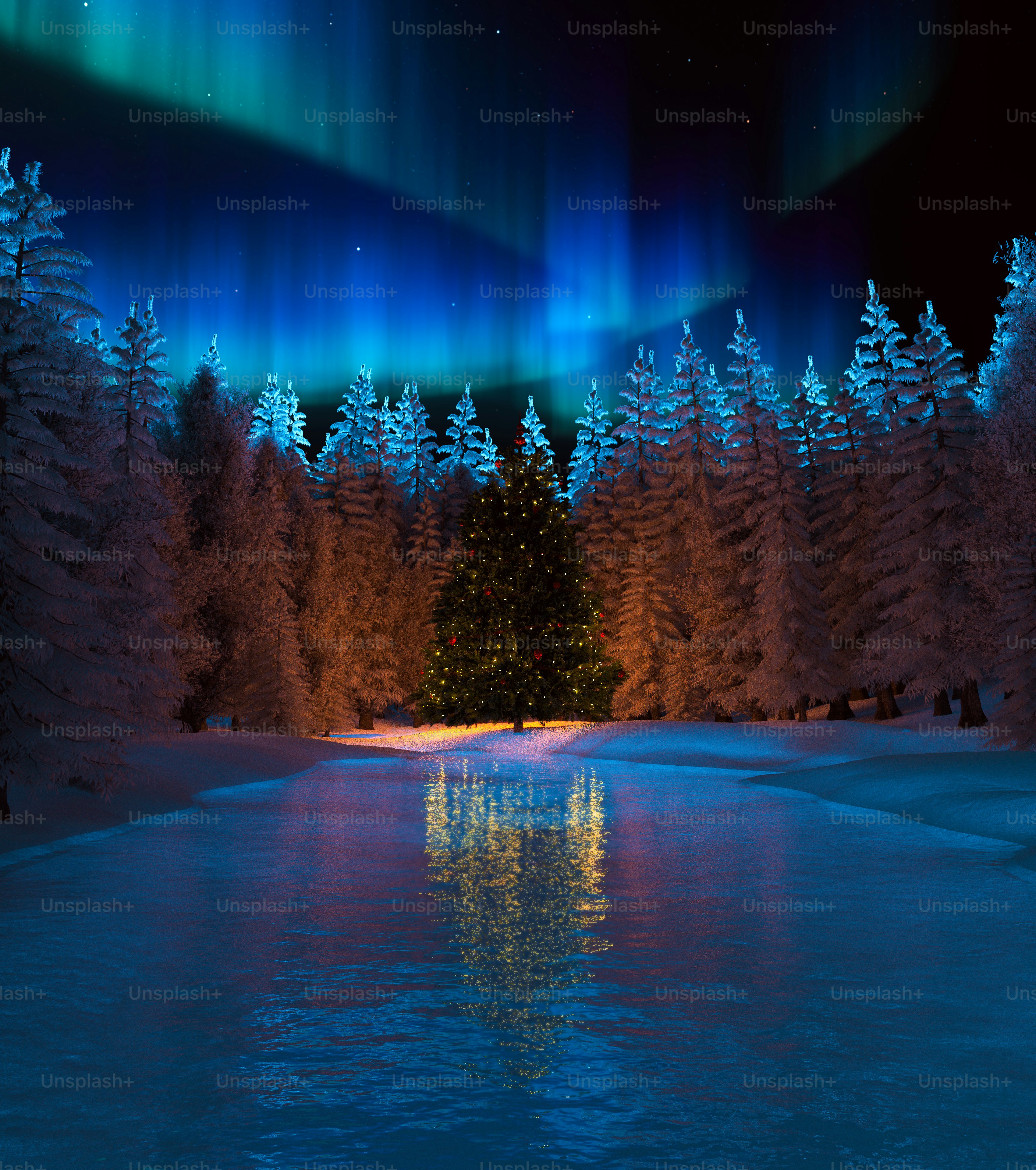 Decorated christmas tree in snowy forest under aurora borealis photo ...