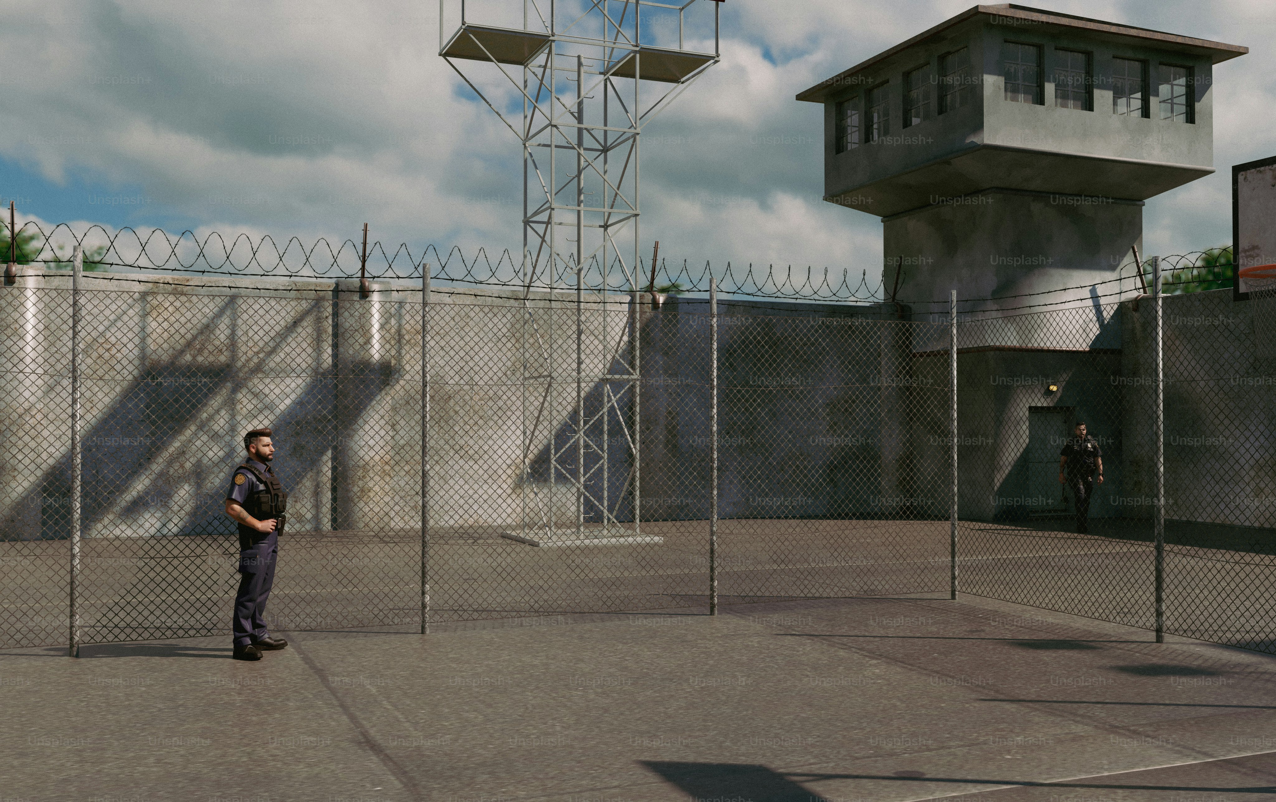 Prison yard with guard tower and fence photo – Prison Image on Unsplash