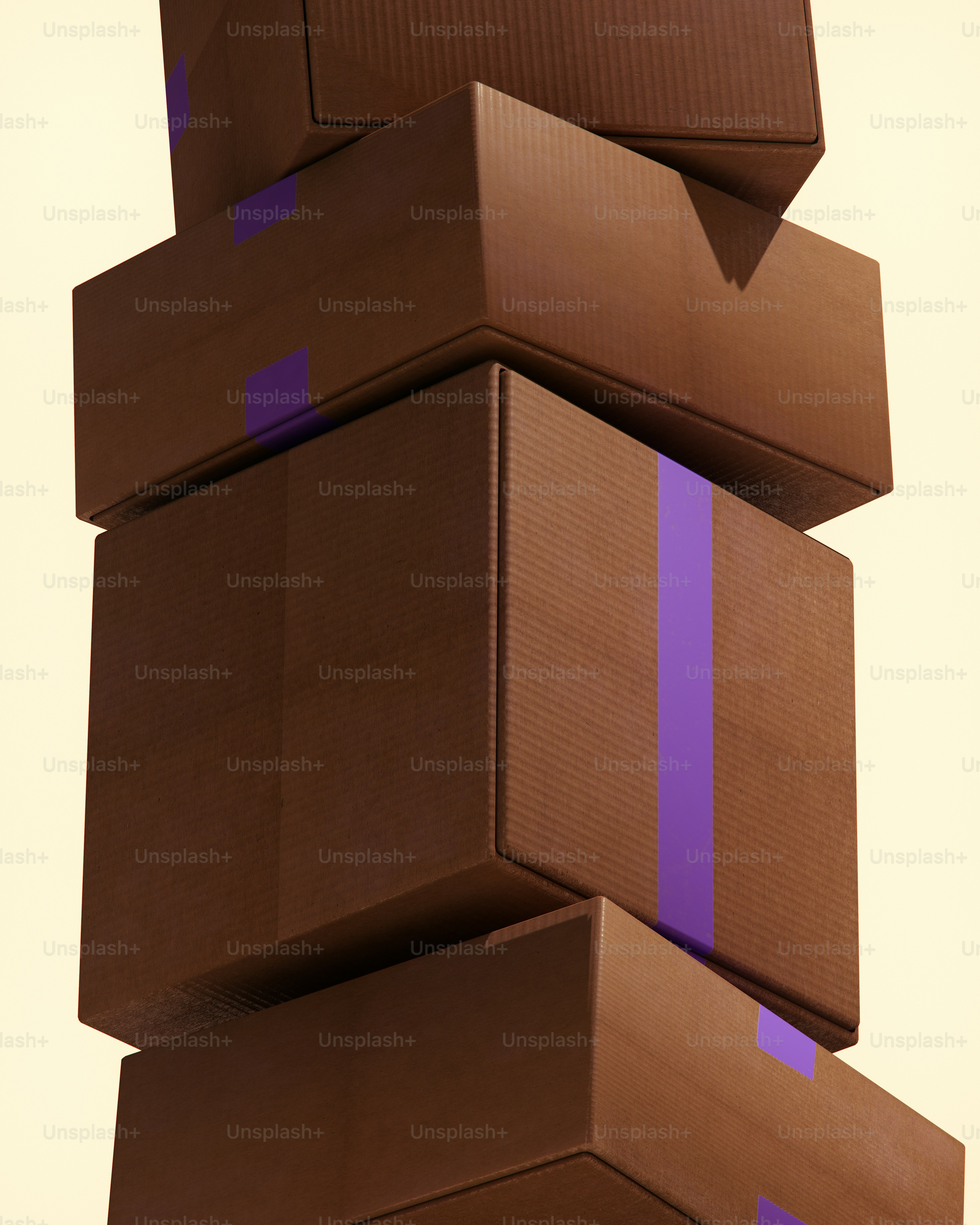 Stack of brown cardboard boxes with purple tape photo – Warehouse Image ...
