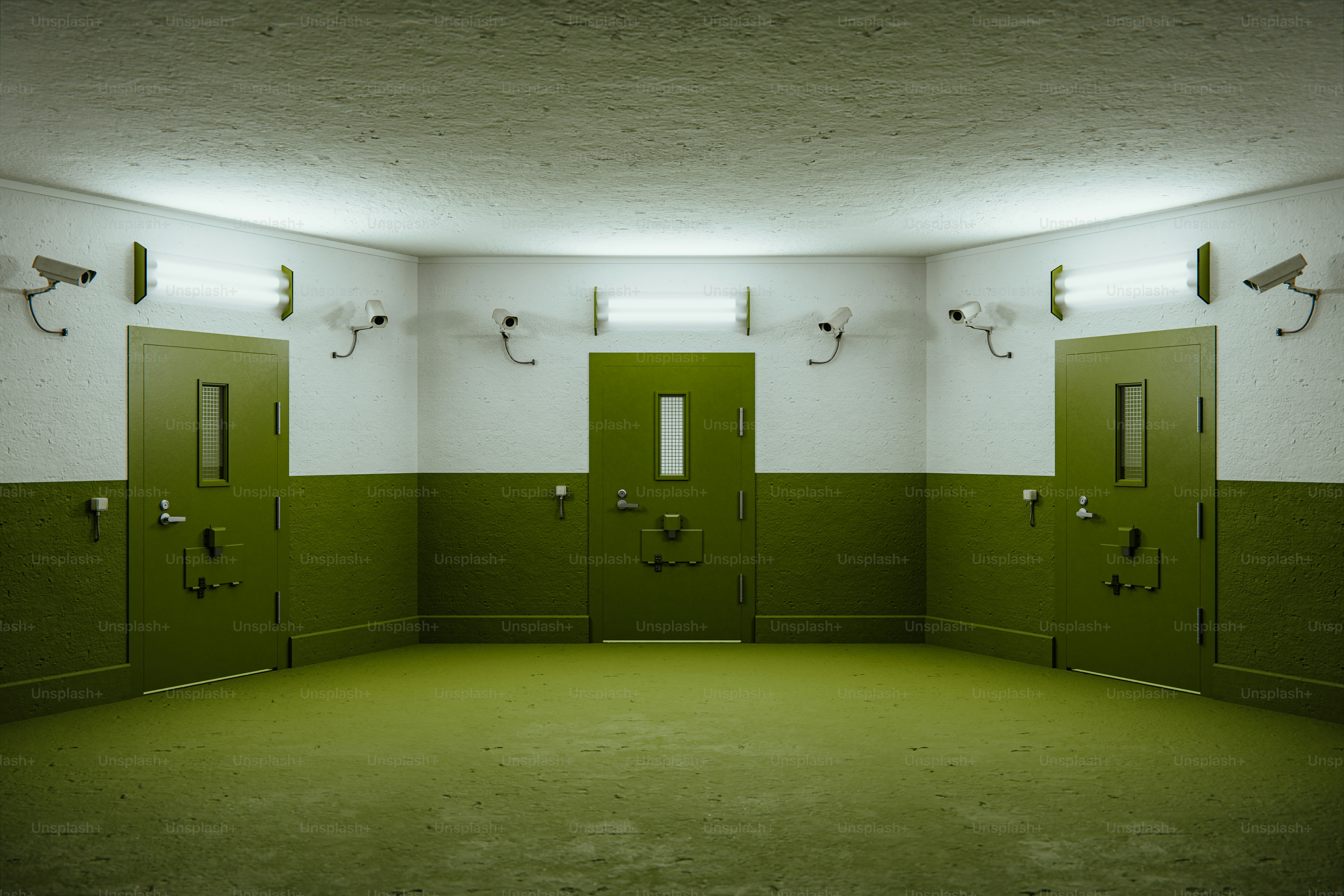 A stark, empty room with green doors and security cameras. photo ...