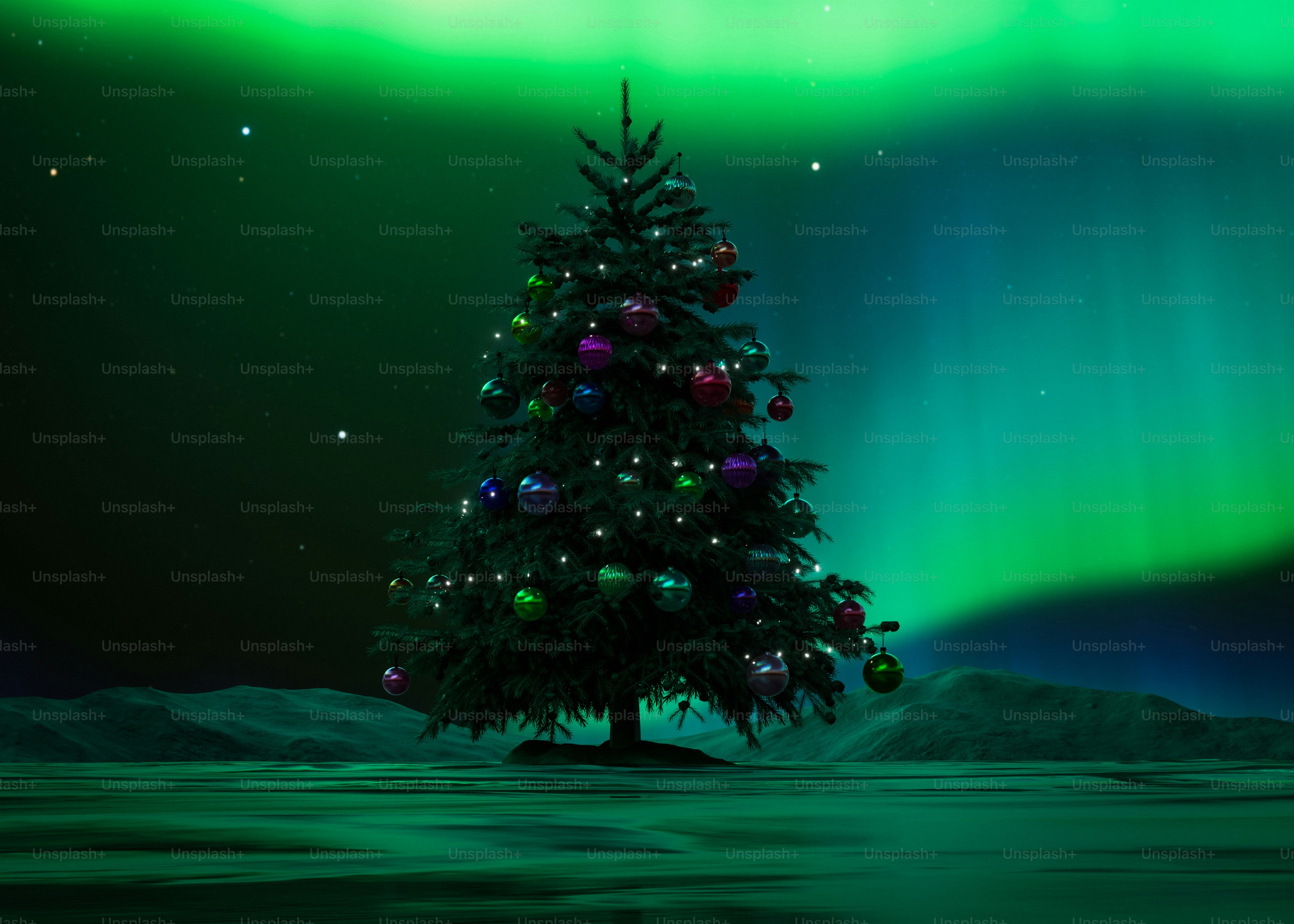 Decorated christmas tree under the aurora borealis photo – Christmas ...