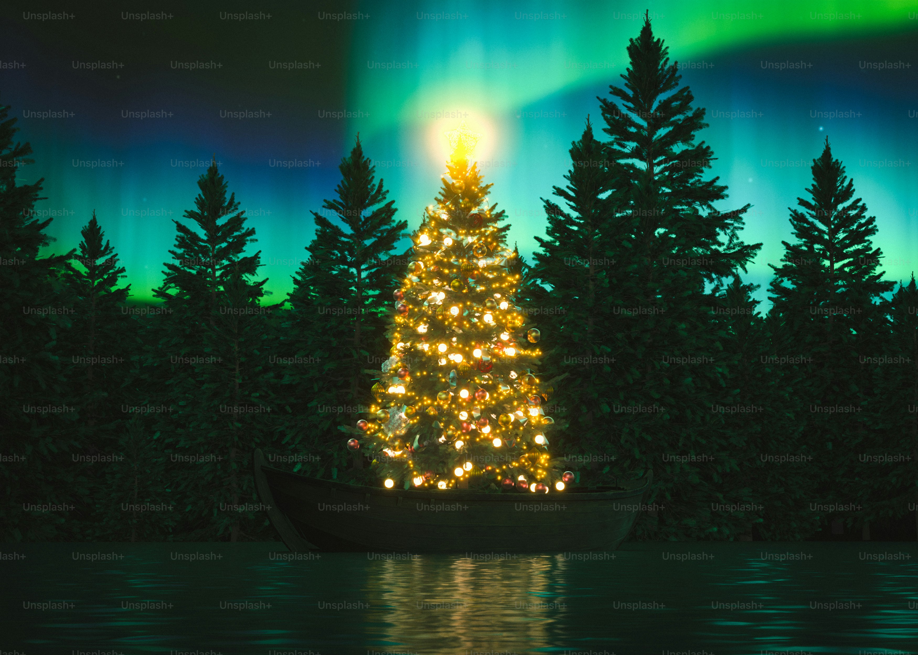 Decorated christmas tree under the aurora borealis photo – Christmas ...