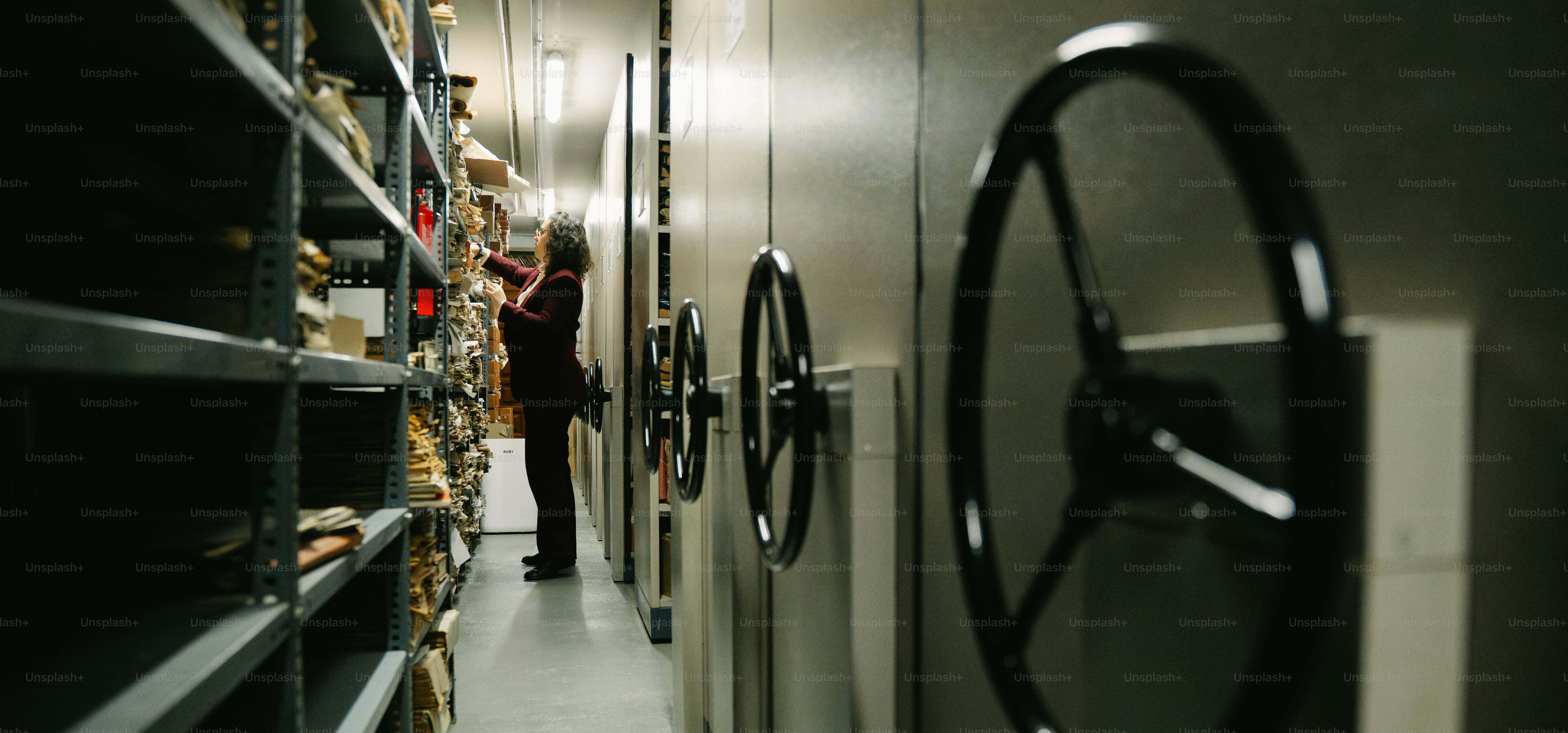 Archivist searching shelves in a vast archive storage room. photo ...