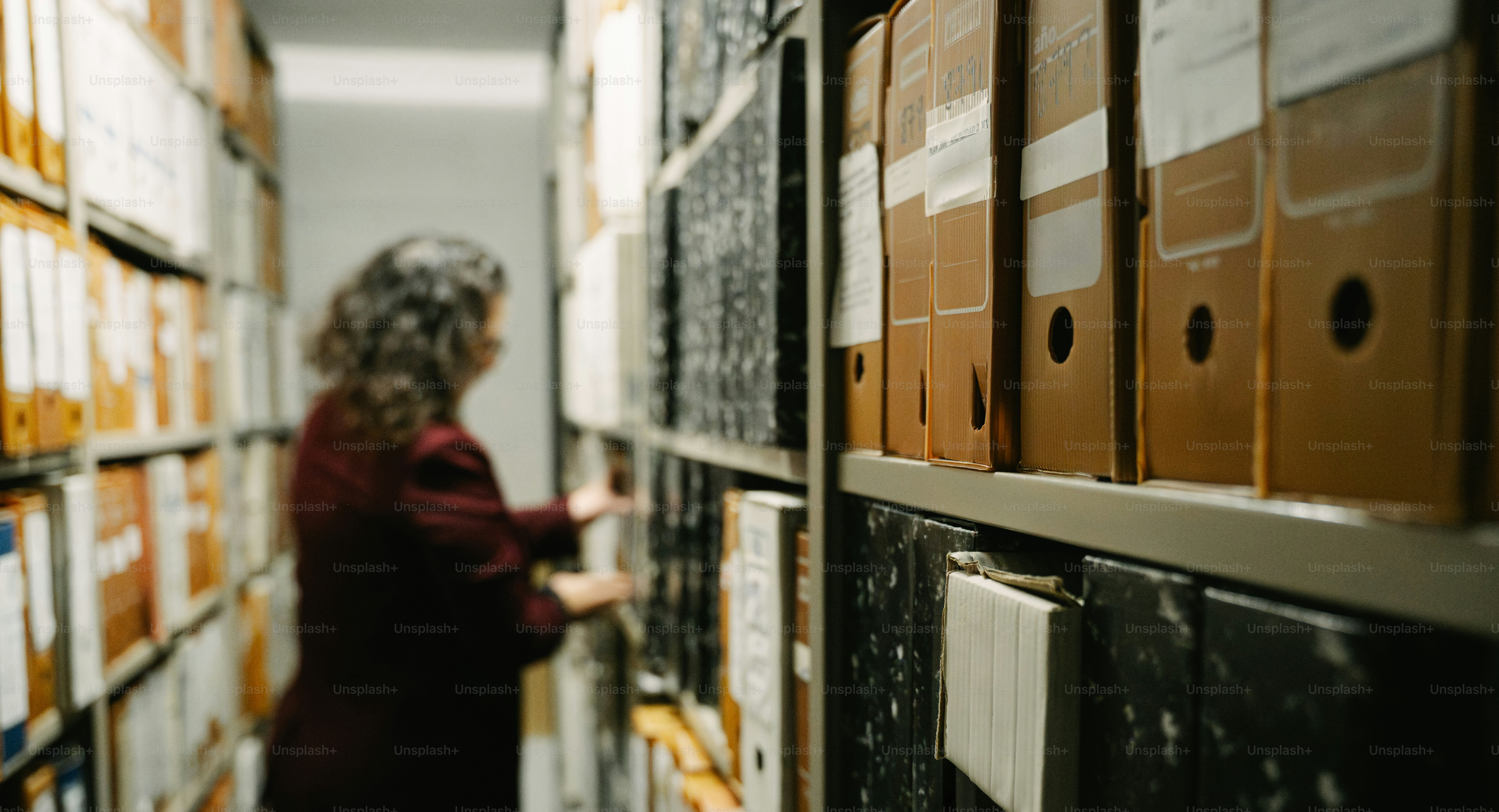 Woman reaching for file in archive storage room photo – Library Image ...