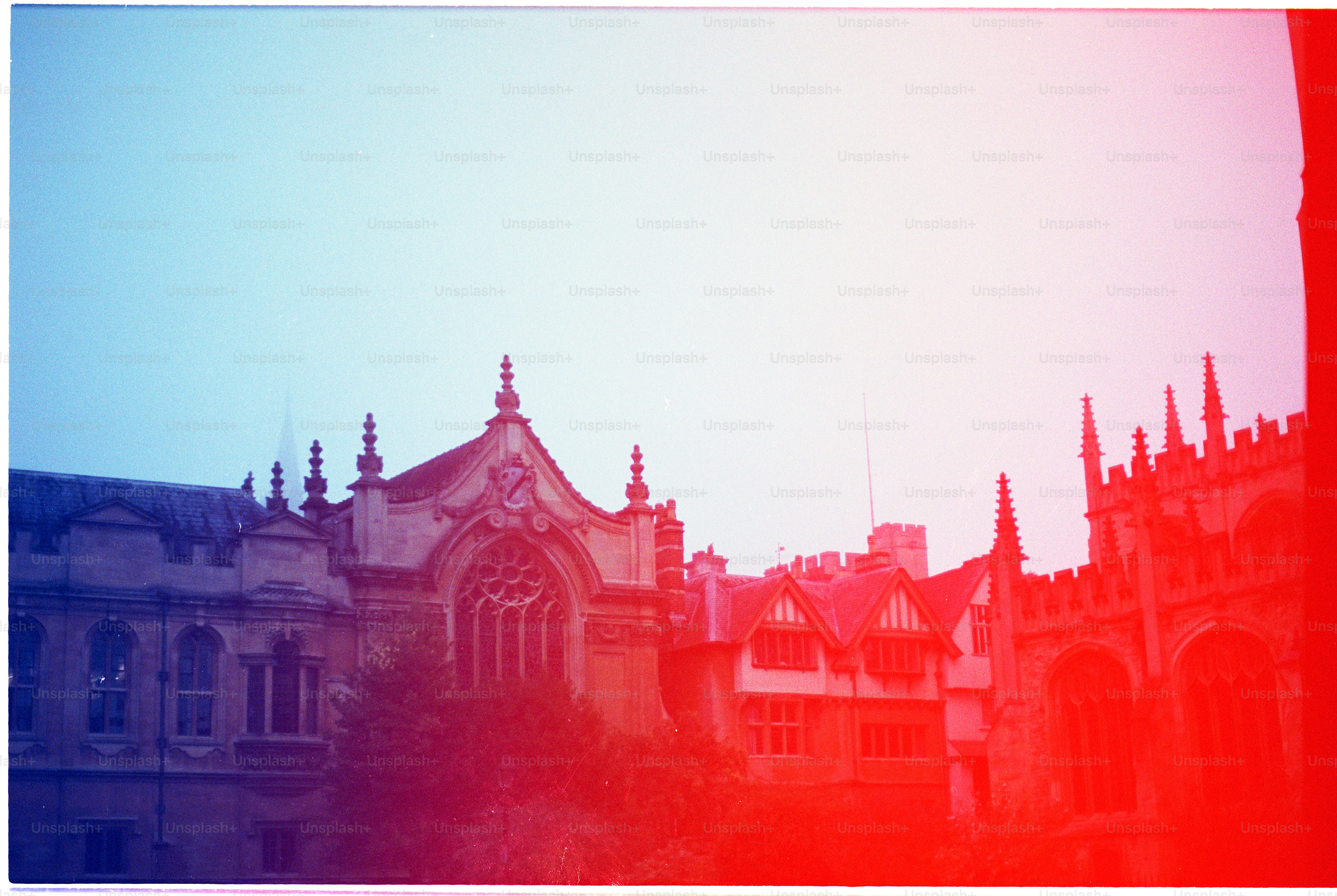 Old stone buildings with a red and blue gradient overlay. photo ...