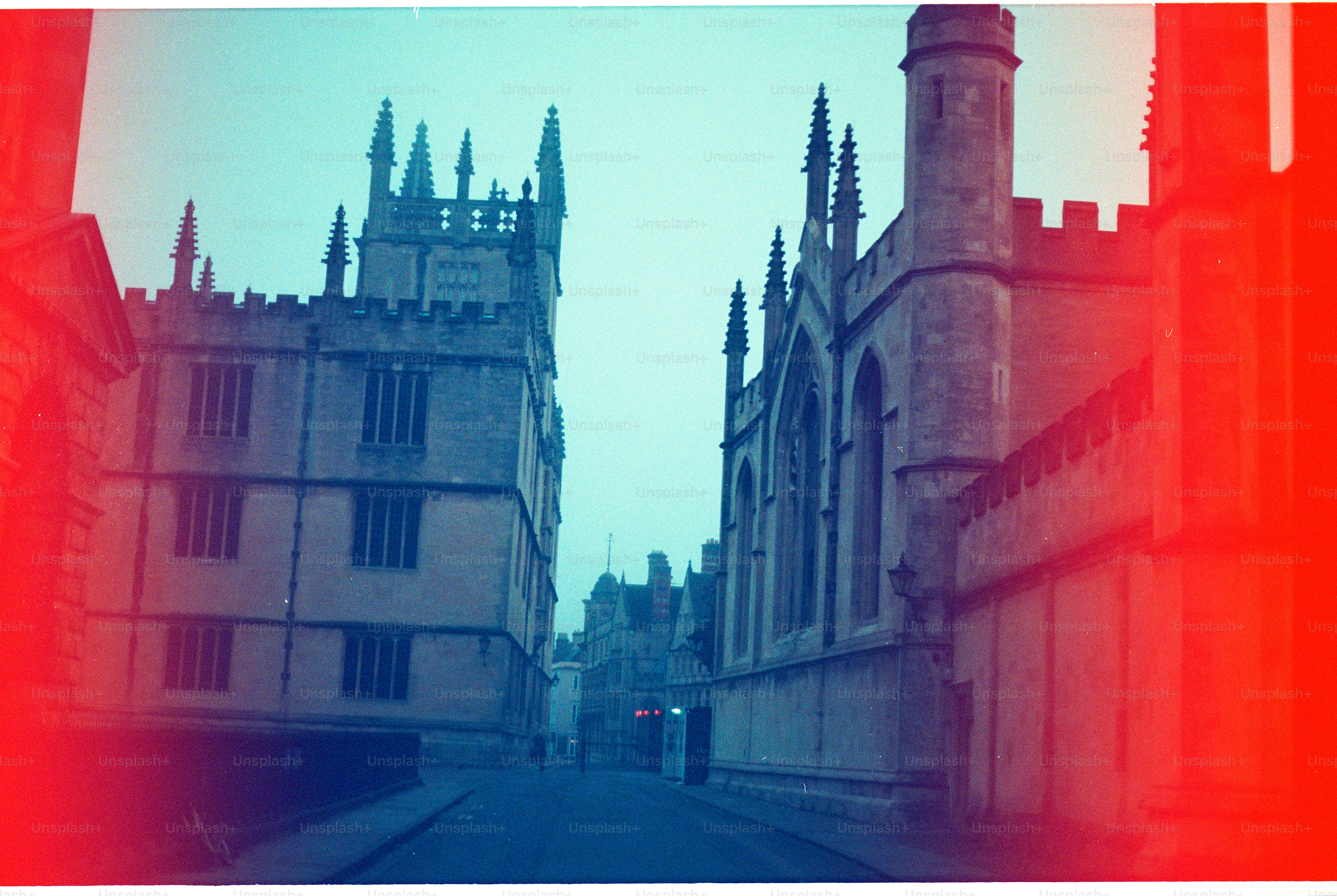 Historic buildings with red and blue gradient overlay photo – Film ...