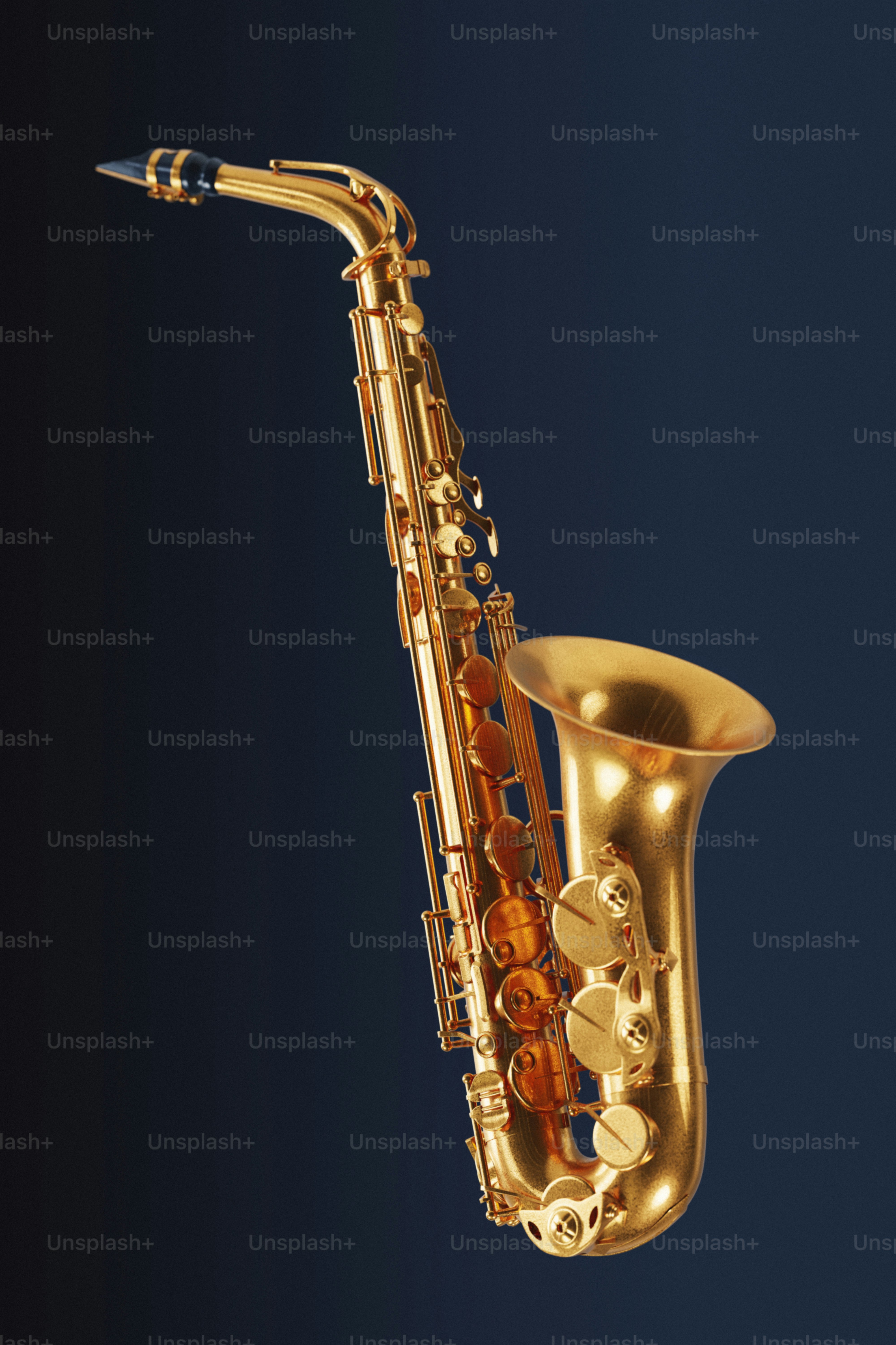 A golden alto saxophone on a dark blue background photo – Music Image ...